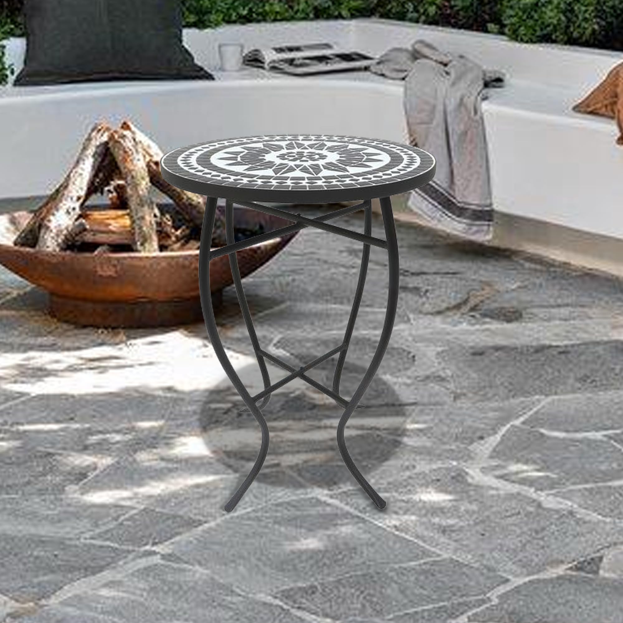 MOOOTTO Outdoor Side Table Mosaic 14 Inch Round Accent Table Plant Stand with Concrete Tile Top Patio End Table, Indoor and Outdoor Accent Table (Dark Blue)