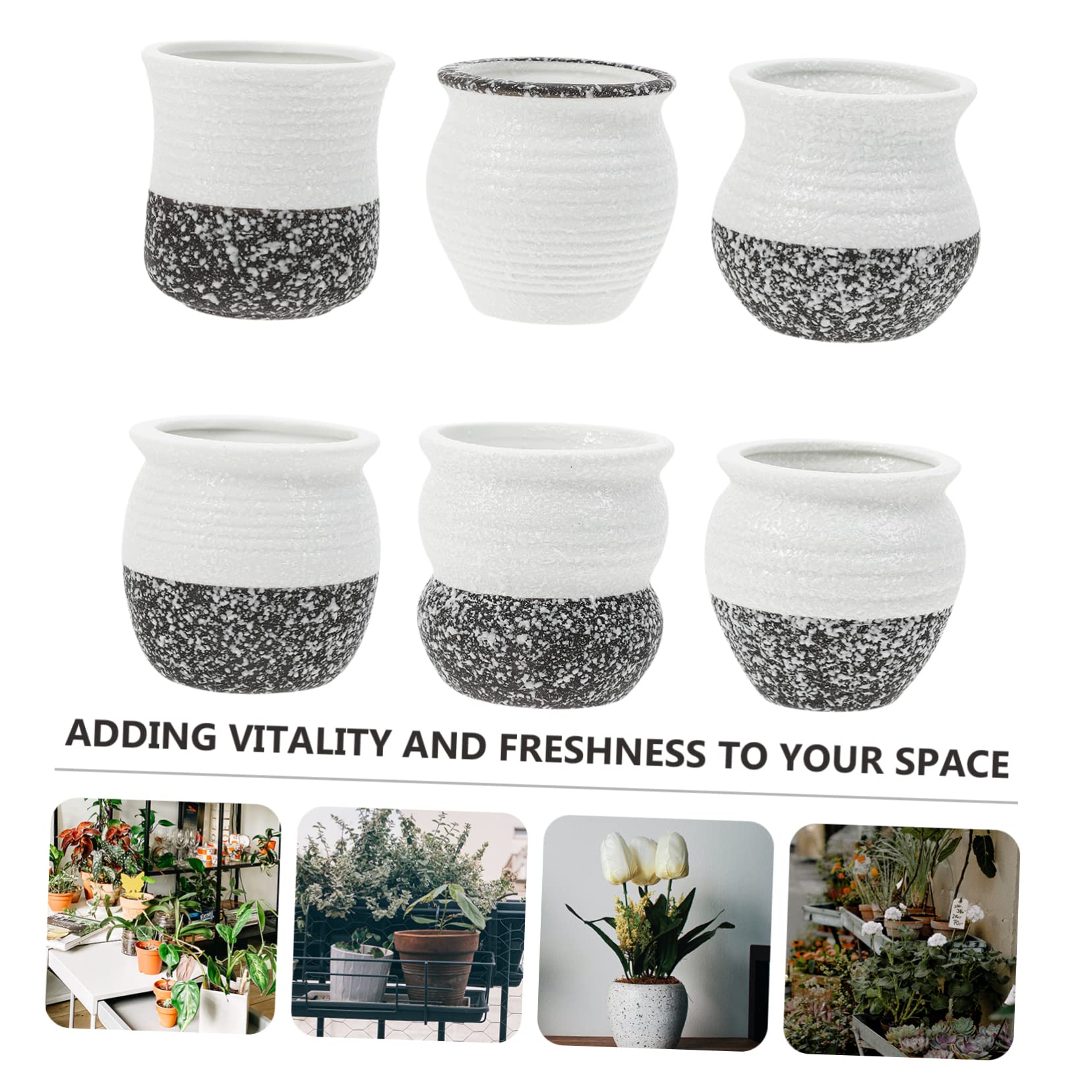 Yardenfun 6pcs White Planter Succulents Ceramic Office Adorable Flowers Containers Black Outdoor Glazed Garden for Porcelain Bonsai Balcony Nursery Pots with Tiny Mini Gardening