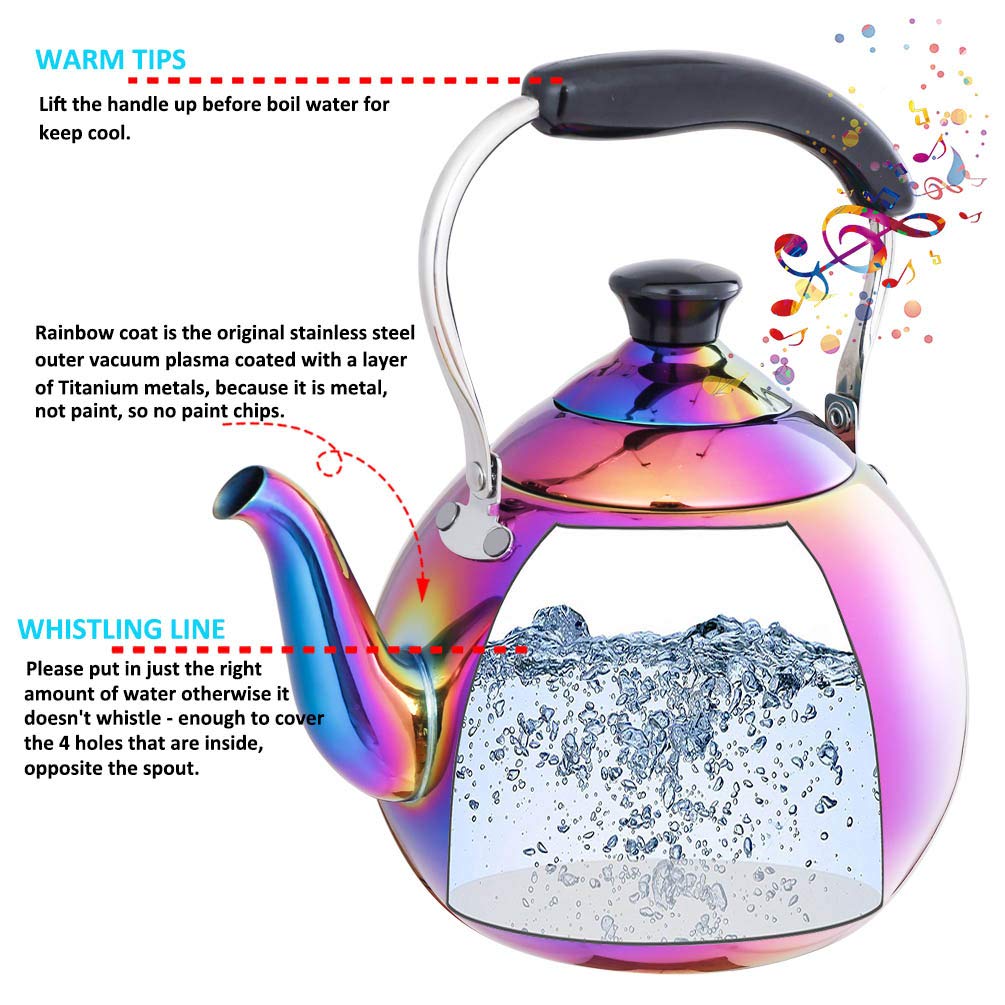OMGard Whistling Tea Kettle Stainless Steel Rainbow Teapot 2.5 Quart Teakettle for Stovetop Induction Stove Top