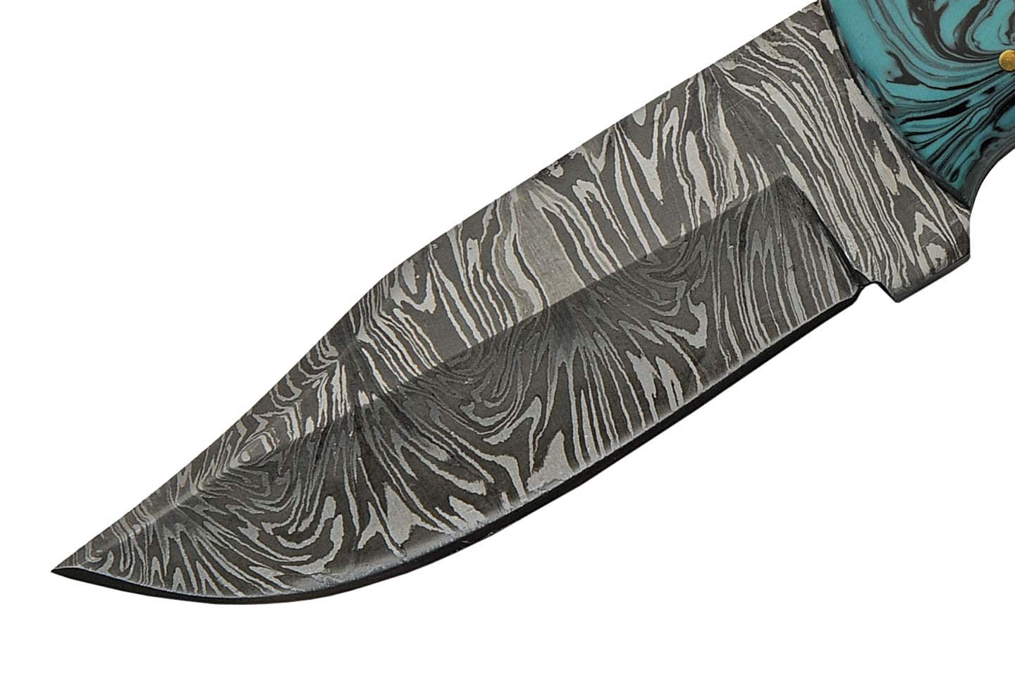 Szco Supplies 8.25" Ram Horn Handle Damascus Steel Turquoise Hunting Knife with Leather Sheath