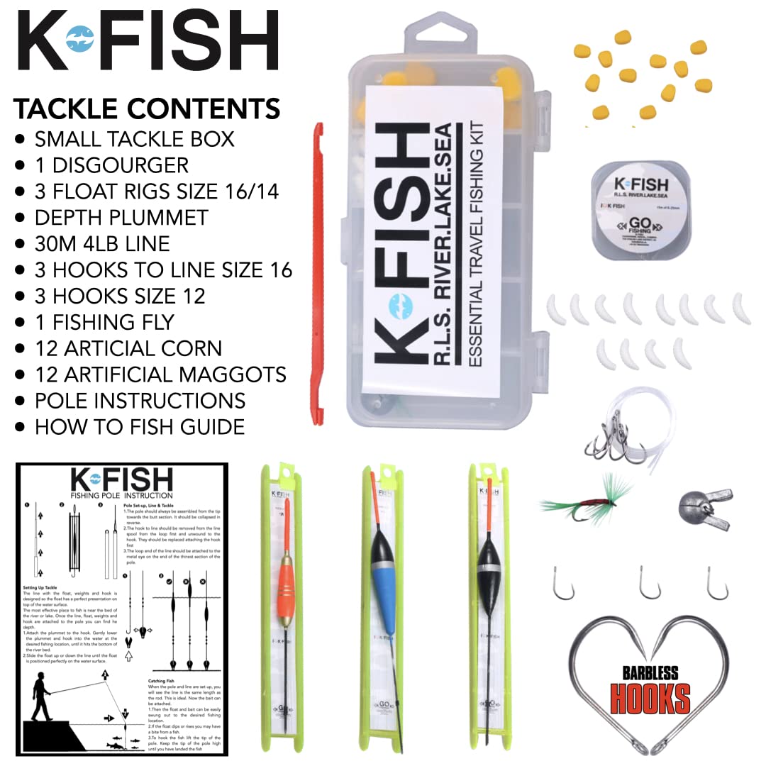 Rigged and Ready K-Fish 3m Telescopic Fishing Whip Pole, Float rigs Hooks Tackle. Pole 3 Pole rigs Hooks line Box 37 Pcs Tackle Lures Accessories. Fish Guide. Saltwater Freshwater Fish. Start Fishing