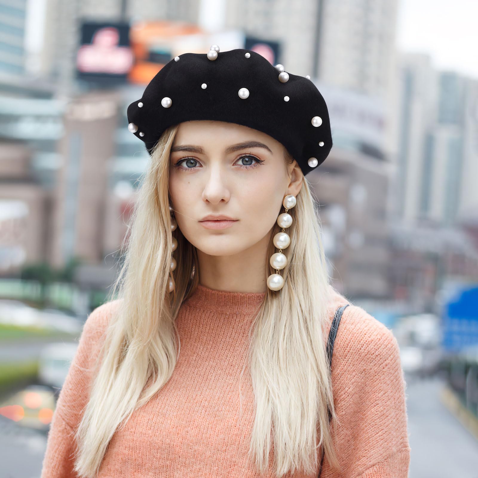 Pearl Autumn Winter Cashmere Beret Starry Beaded Pearl Rivet Wool Beret (Black)