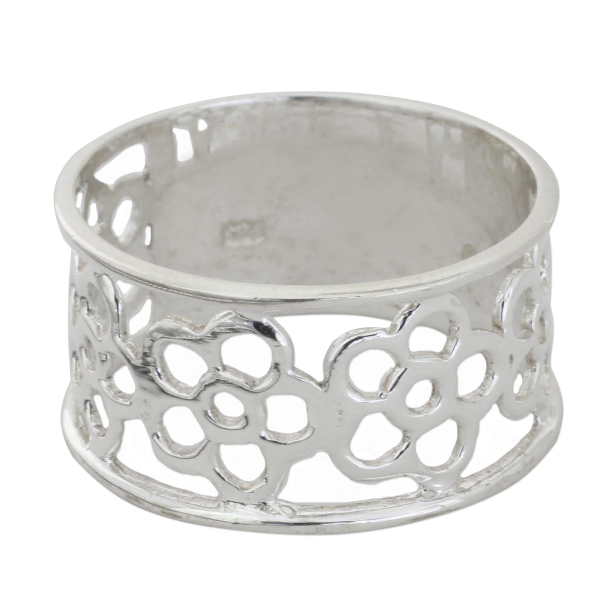 NOVICA Artisan Handmade Sterling Silver Band Ring Floral from India No Stone [band Width 10 mm W] ' Band of Flowers'