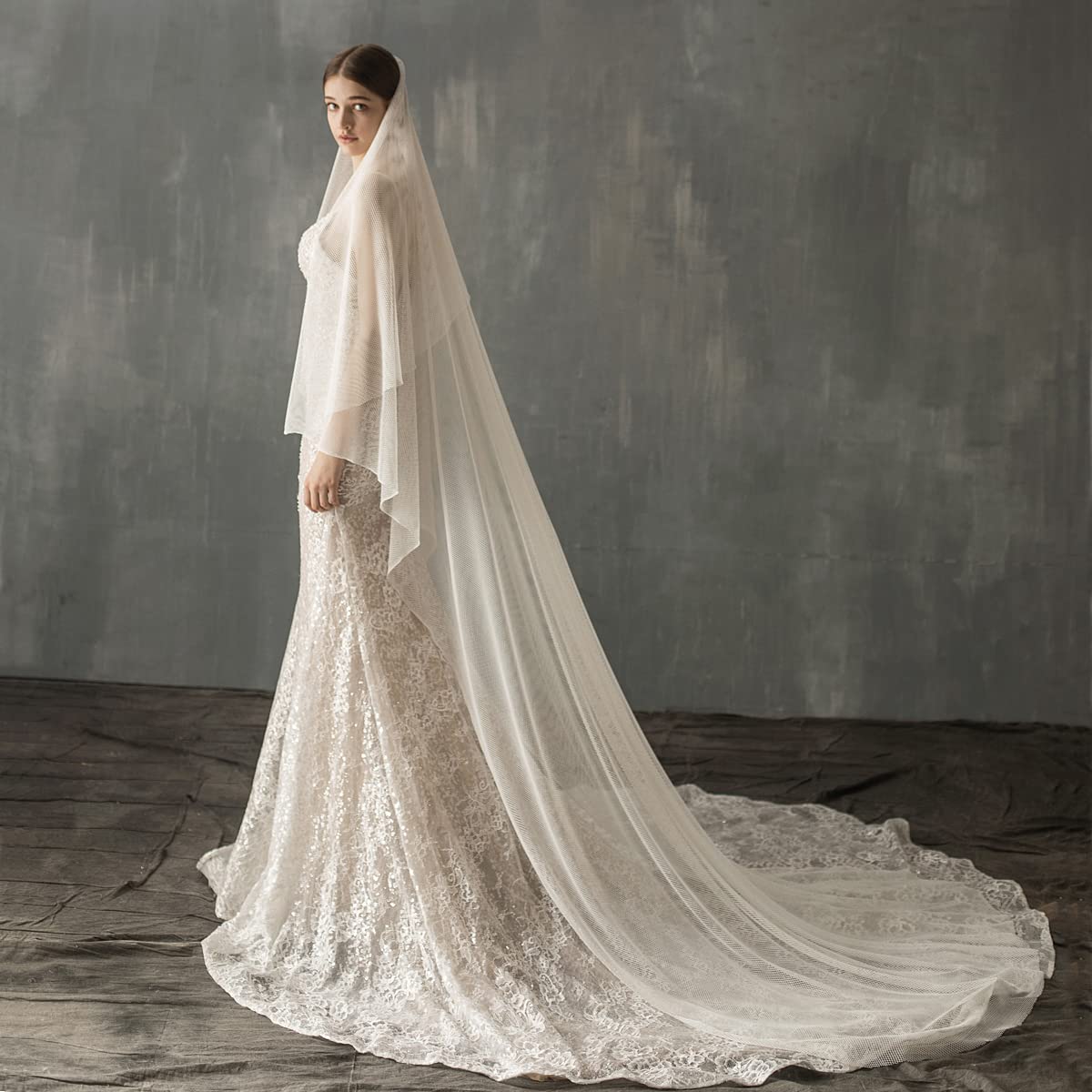 Wedding Accessory Luxurious Chapel Wedding Bridal Veil Two-Layer Cut Edge Spandex Long Floor Train Marriage Party Bride to Be Veil (Color : Off White)