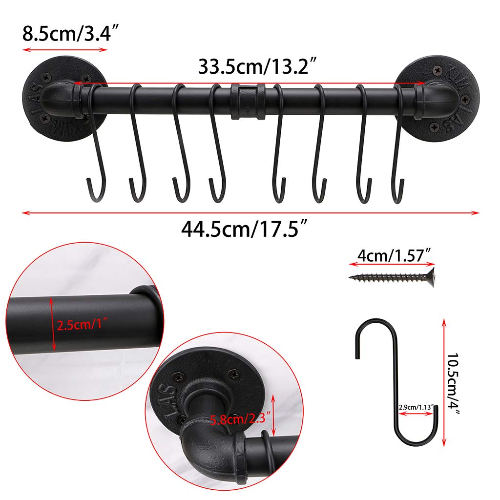Sumnacon 16 Inch Industrial Pipe Pan Pot Rack with 8-Hooks, Wall Mounted Metal Rail Kitchen Utensil Pot Pan Lid Storage Organizer/Cookware Holder with Hardwares
