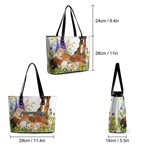 Womens Handbag White Horse Cat Leather Tote Bag Top Handle Satchel Bags For Lady