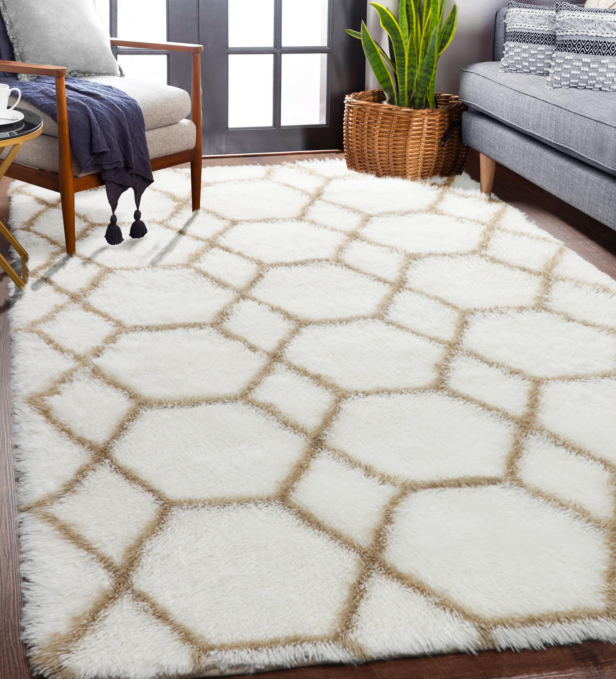 ONASAR Geometric Boho Area Rug for Living Room Bedroom, 4x6 White and Beige Rug, Shaggy Fluffy Area Rugs for Classroom, Dorm, Office, Playroom, Kids Room Decor, Nursery Rug Neutral, Soft Carpet