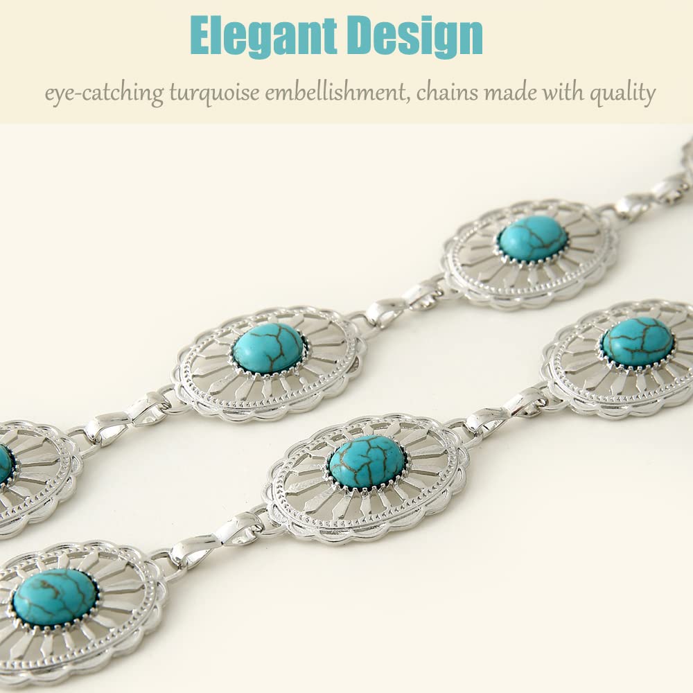 SZWSIUD Western Turquoise Concho Chain Belt for Women Adjustable Metal Waist Belts for Jeans Dresses -2 Pieces
