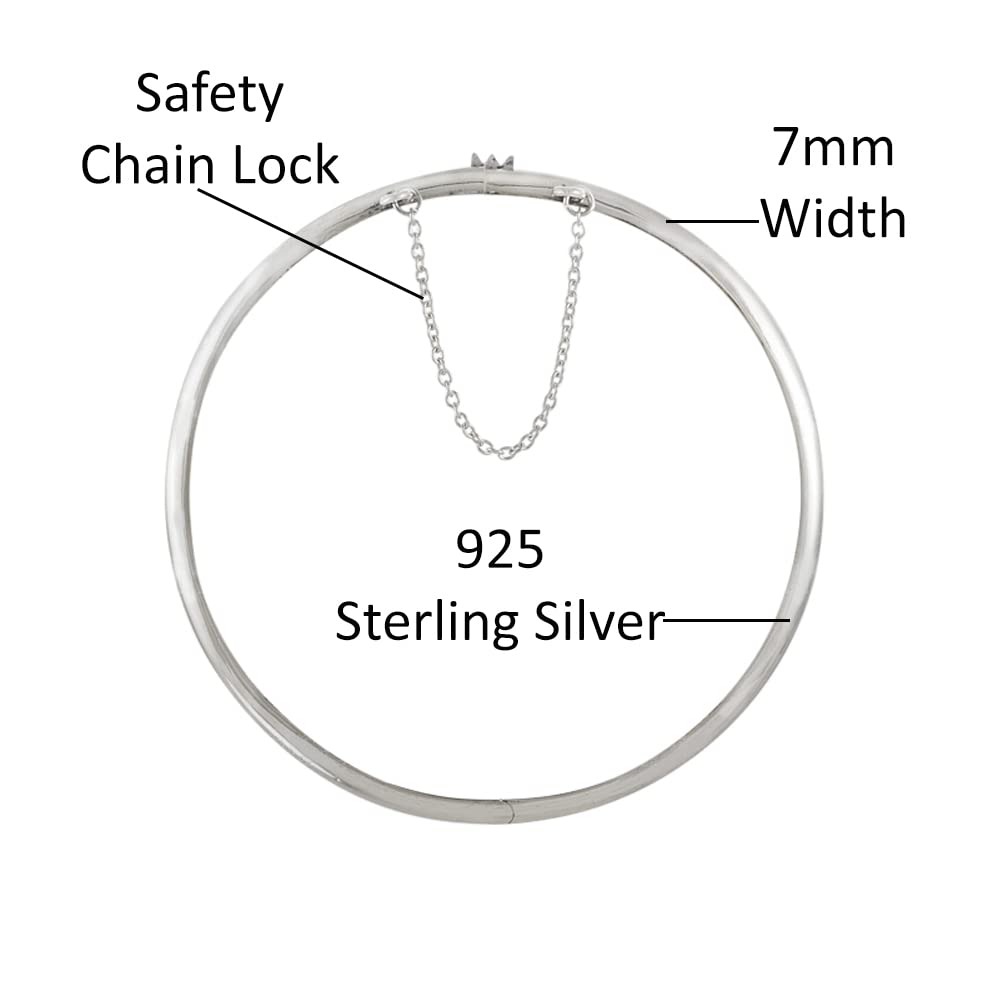 Savlano 14K Gold Plated Over 925 Sterling Silver Solid Plain Dome Bangle Bracelet 7 inch with Safety Chain for Women Comes With Gift Box- Made in Italy (White)
