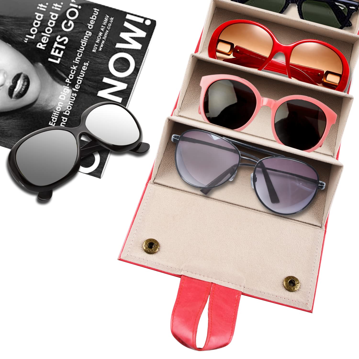 SZYMWS Sunglasses Case Organizer 5 Slot Travel Glasses Case Multiple Sunglasses Holder Organizer Eyeglasses Storage Box (Red+Grey)