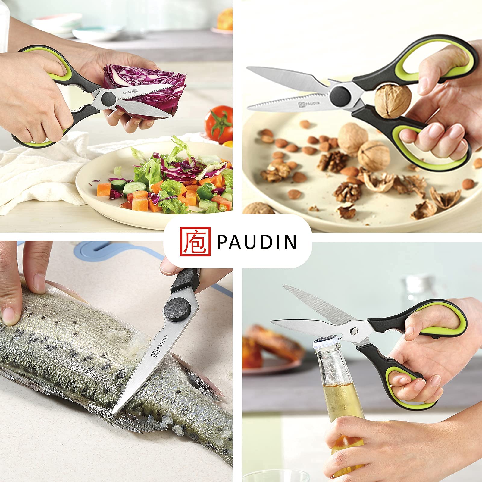 PAUDIN Kitchen Shears, Premium Stainless Steel & Ultra Sharp Shears Come Apart with Comfortable Grip, Multipurpose Utility Food Scissors for Meat, Pizza, Chicken, Fish, Salad, Herbs, BBQ, Black Green