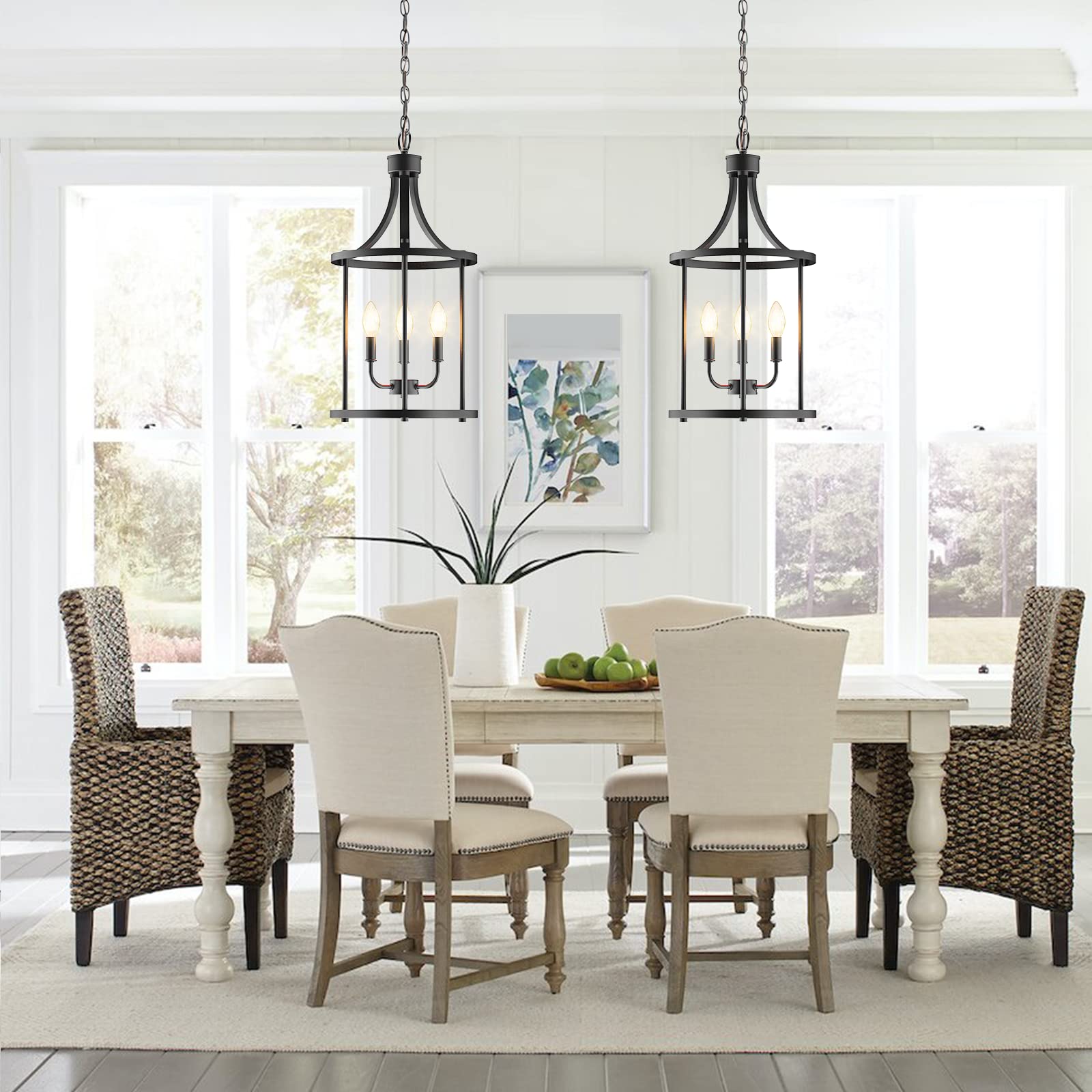 PARTPHONER Farmhouse Chandelier, Dining Room Lighting Fixtures Hanging, Modern Light Fixture Black Lantern Cage,5-Light Pendant Lighting for Kitchen Island, with Adjustable Rods