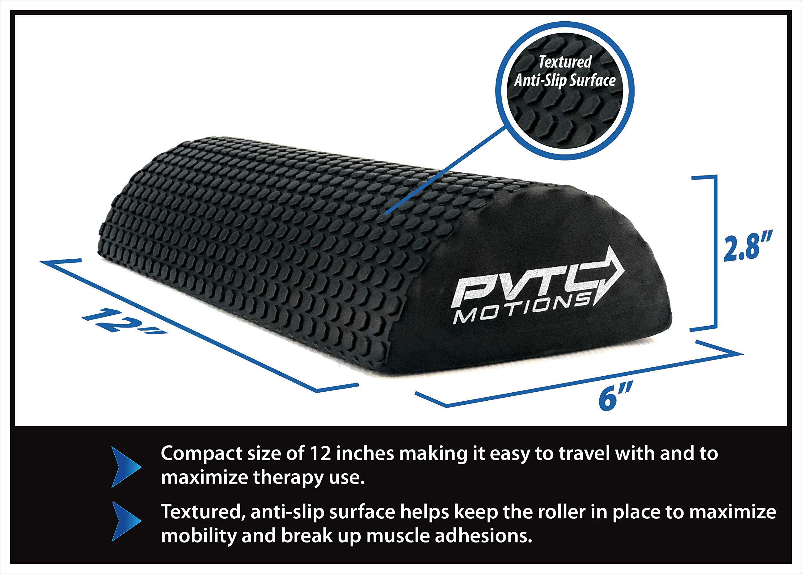PVTL Half Foam Roller 12 inch Foam Roller for Physical Therapy and Exercise Black Equipment (Half Round Black 6" X 12") Downloadable Stretching Chart Included