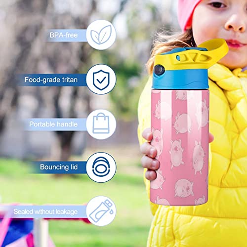 Thermos Cup 500Ml Cute Pigs Insulated Water Bottle With Straw For Sports And Travel 7.5x2.7 in