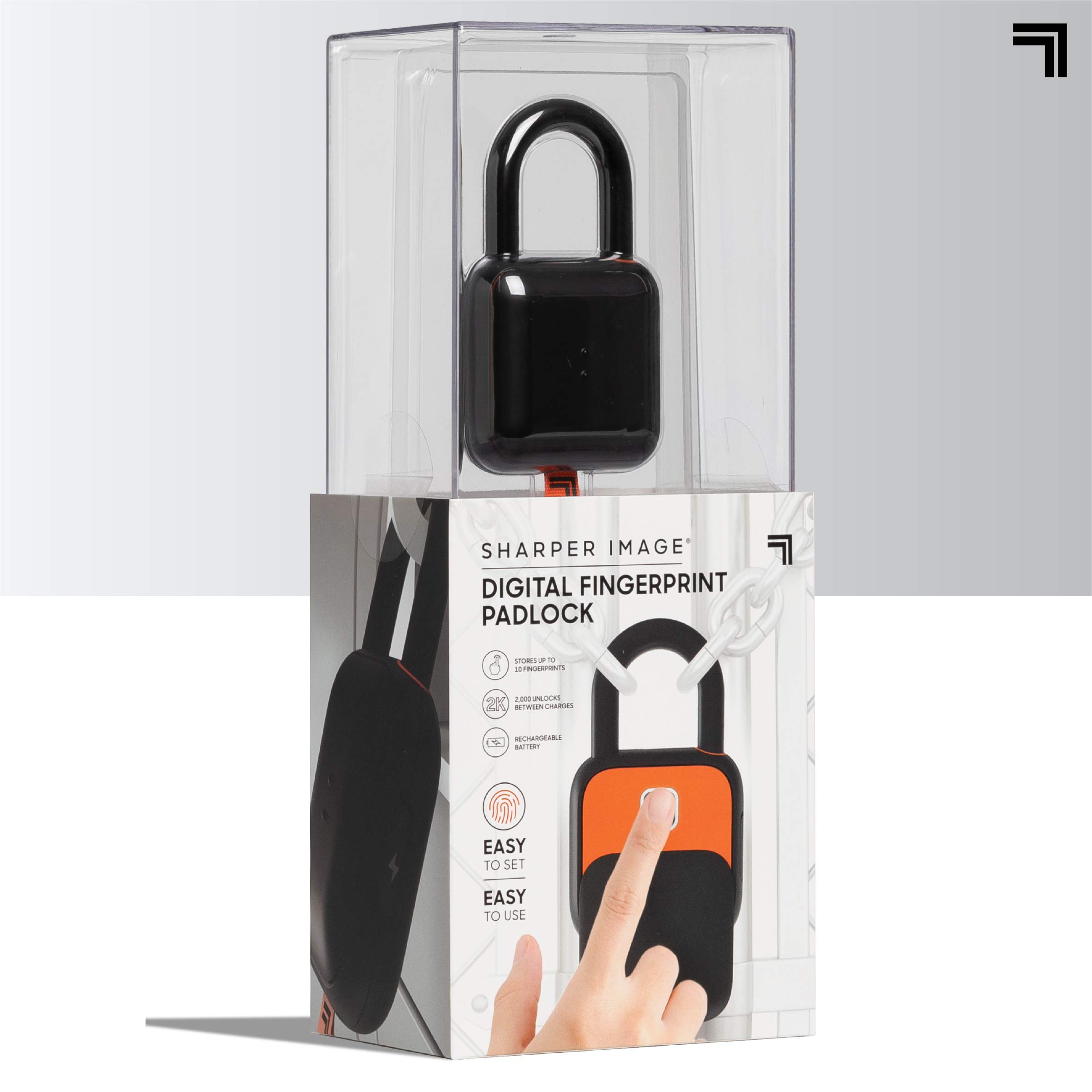 SHARPER IMAGE Fingerscan Digital Padlock, Biometric Keyless Code-Free Smart Lock, Rechargeable and IP66 Waterproof, Portable Security for Locker, Bike, Door, Gate, Home, Securely Unlock w/ Thumbprint