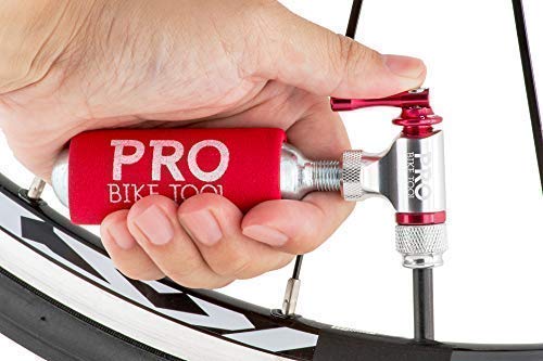 PRO BIKE TOOL CO2 Inflator + 5 x 16g Threaded CO2 Cartridges Bundle - Quick & Easy - Presta and Schrader Valve Compatible - Bicycle Tire Pump for Road and Mountain Bikes