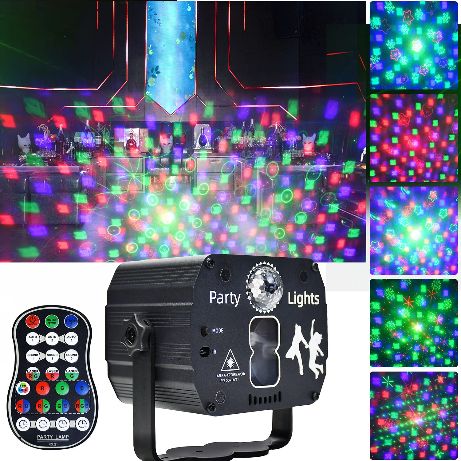 Party Lights Dj Disco Light,Rotating Strobe Lights for Room USB Remote Control & Sound Activated, Multiple Patterns Projector for Parties Bar Karaoke Birthday Holiday Decorations