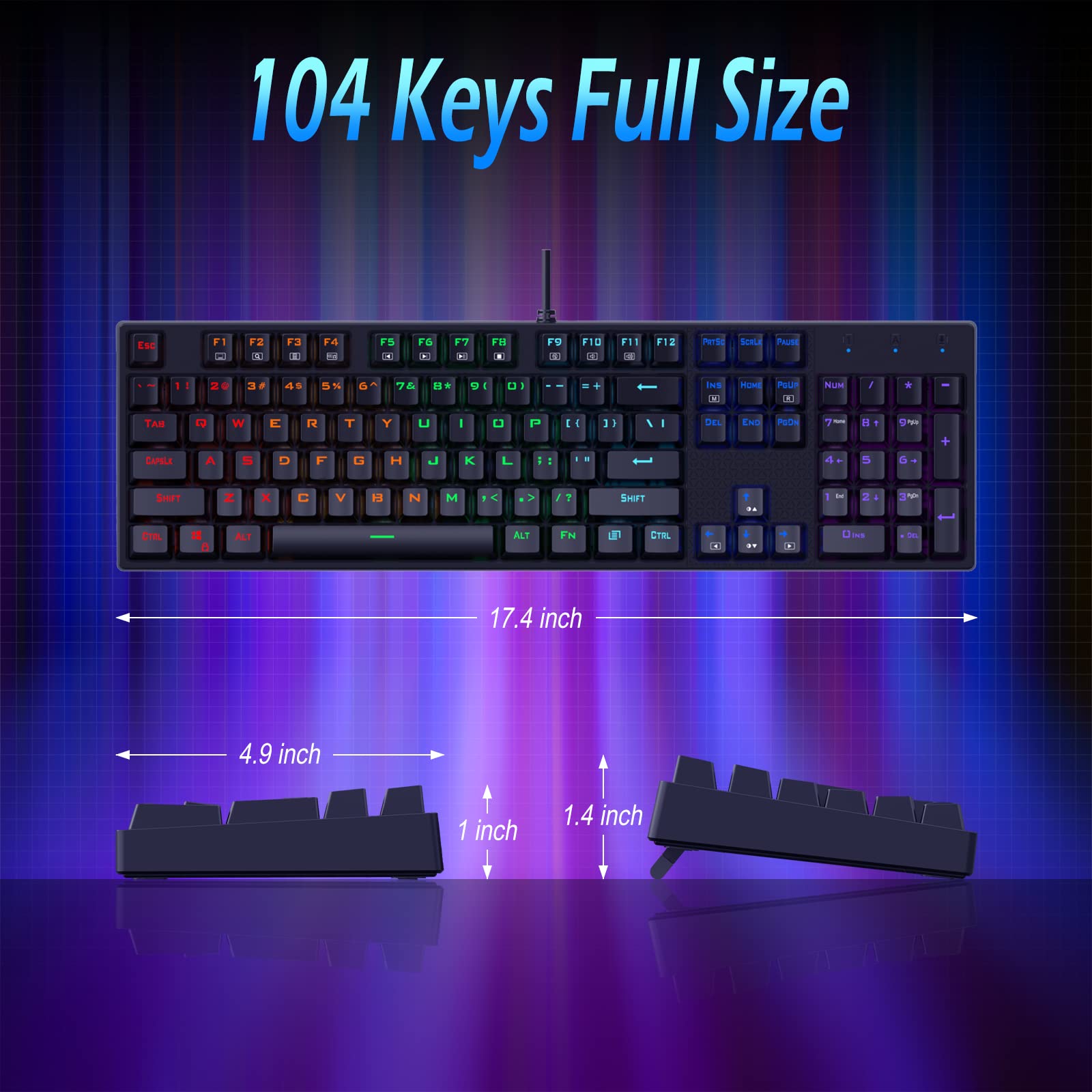 T-DAGGER Mechanical Gaming Keyboard β Rainbow Backlit USB Wired Keyboard with Blue Switches, 104Keys Full Size PC Keyboard for Windows Desktop Gamer