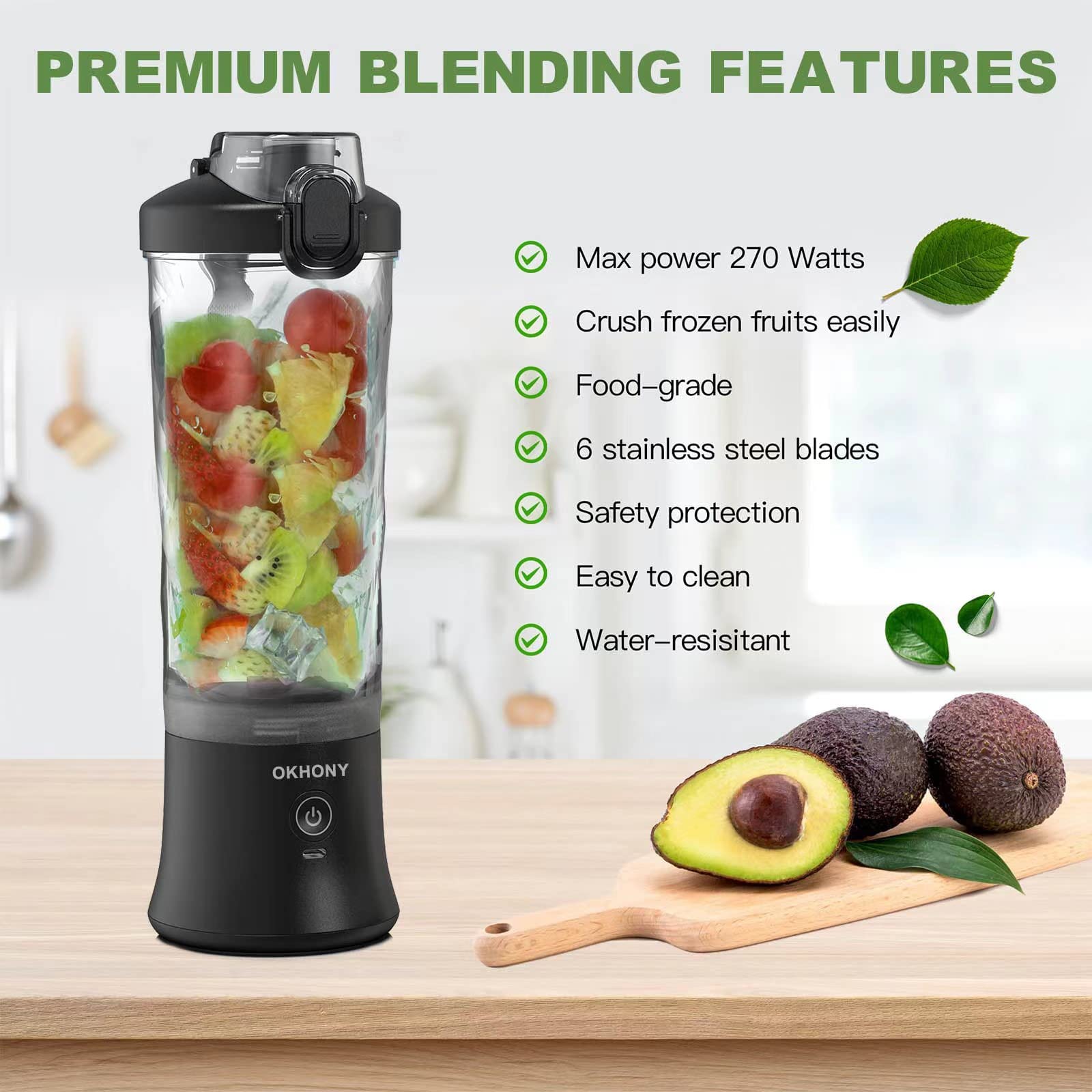 Portable Blender Personal Blender for Shakes and Smoothies with 20 Oz Travel Cup and Lid for Traveling, Outdoor, Gym, Office. (Black)