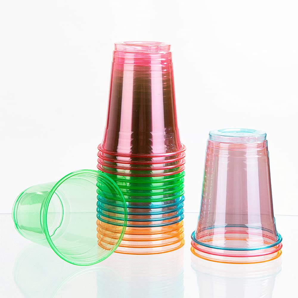 PartyMars 12 Oz 20pcs Disposable Multicolor Neon Glowing Plastic Cups Party Drinking Cups For Wedding Birthday Halloween Christmas Night Party