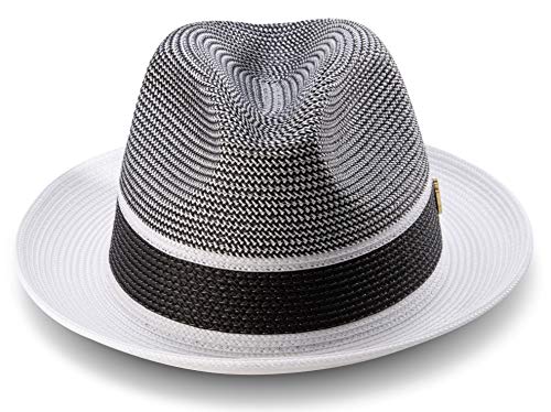 MONTIQUE Men's Braided Pinch Fedora Hat - Fashion Fedoras for Men H-22 (White & Black Medium)