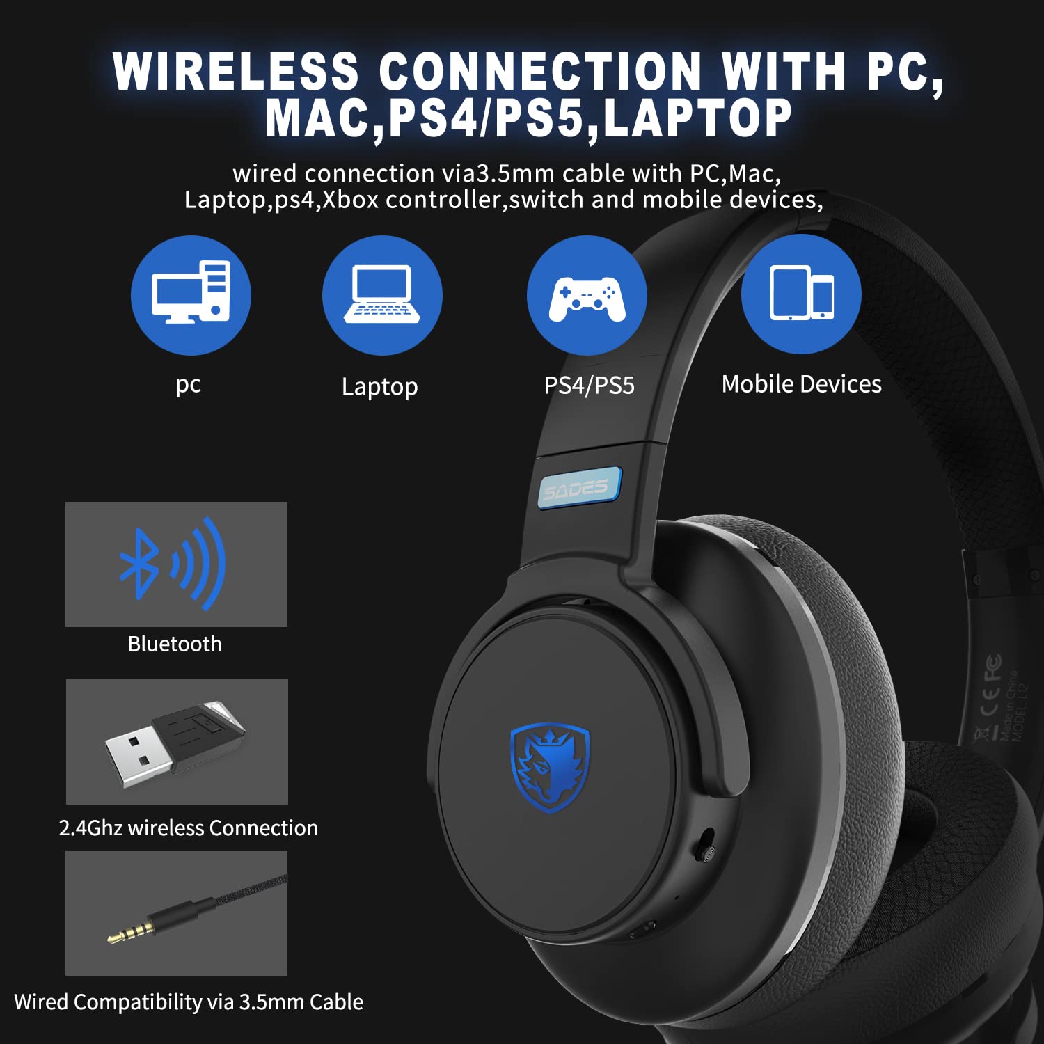 SADES Wireless Headphones for pc Bluetooth Gaming Headphones 2.4GHz Wired Switchable Dual Sound Effects Detachable Noise Cancelling Mic for PS5, PS4,Mac, Nintendo Switch, Phone/TV Low Latency (Black)