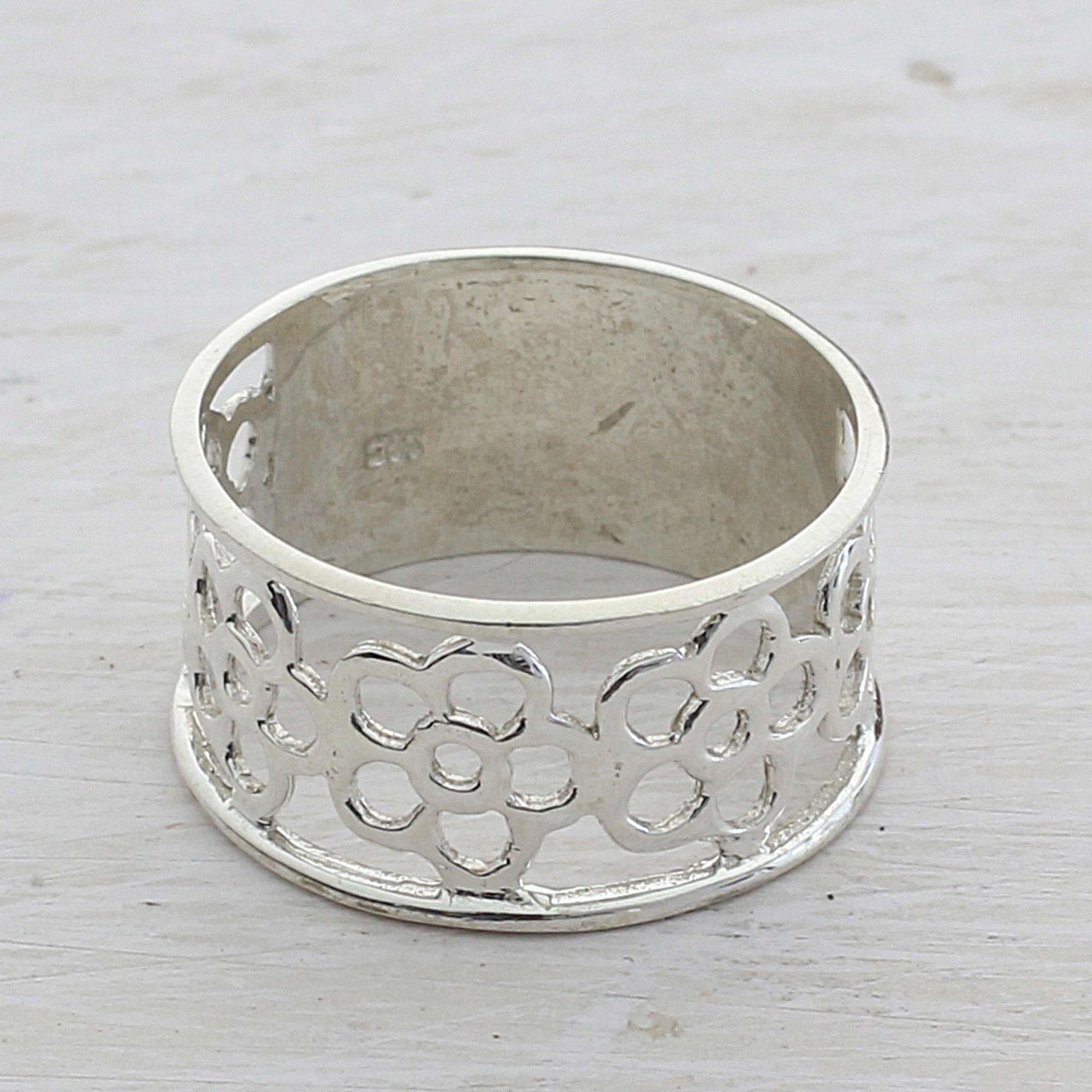 NOVICA Artisan Handmade Sterling Silver Band Ring Floral from India No Stone [band Width 10 mm W] ' Band of Flowers'