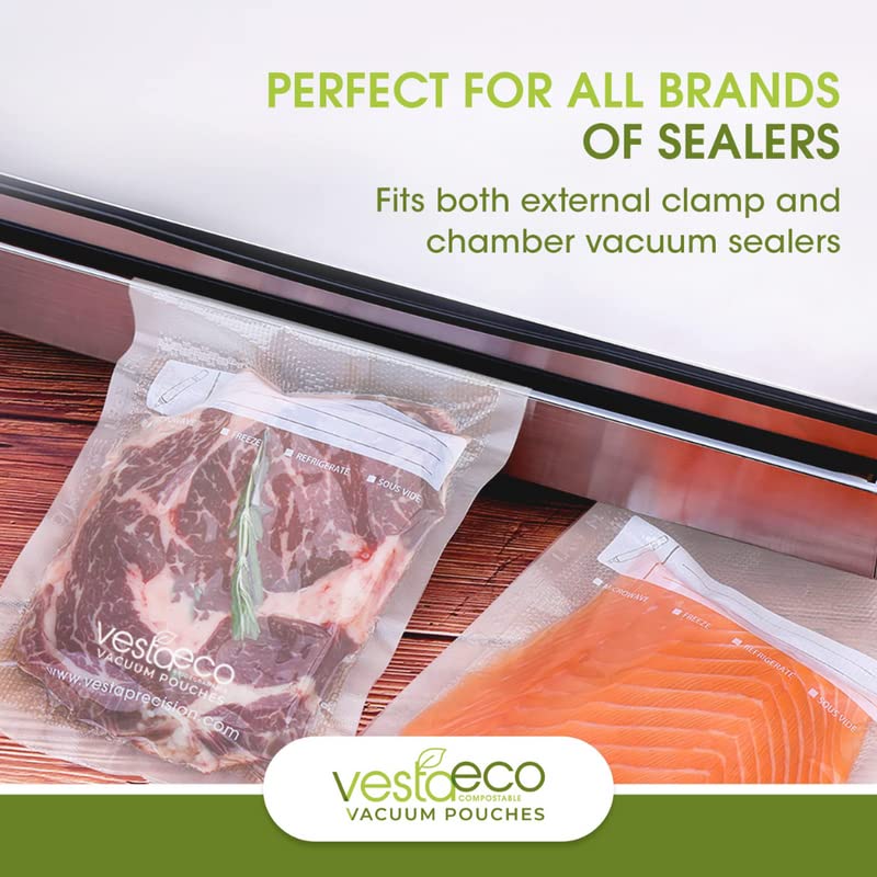 VestaEco Commercially Compostable Vacuum Seal Bags - Embossed - 8 x 12 Inches - 100 Vacuum Seal Bags per Pack