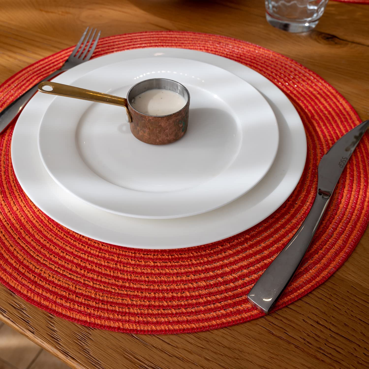 Smaafit Round Braided Placemats, Set of 4 Table Place Mats for Round Dining Tables, 15 inches Round Placemat, Place Mat Round Table Mats (Mix Orange Red)