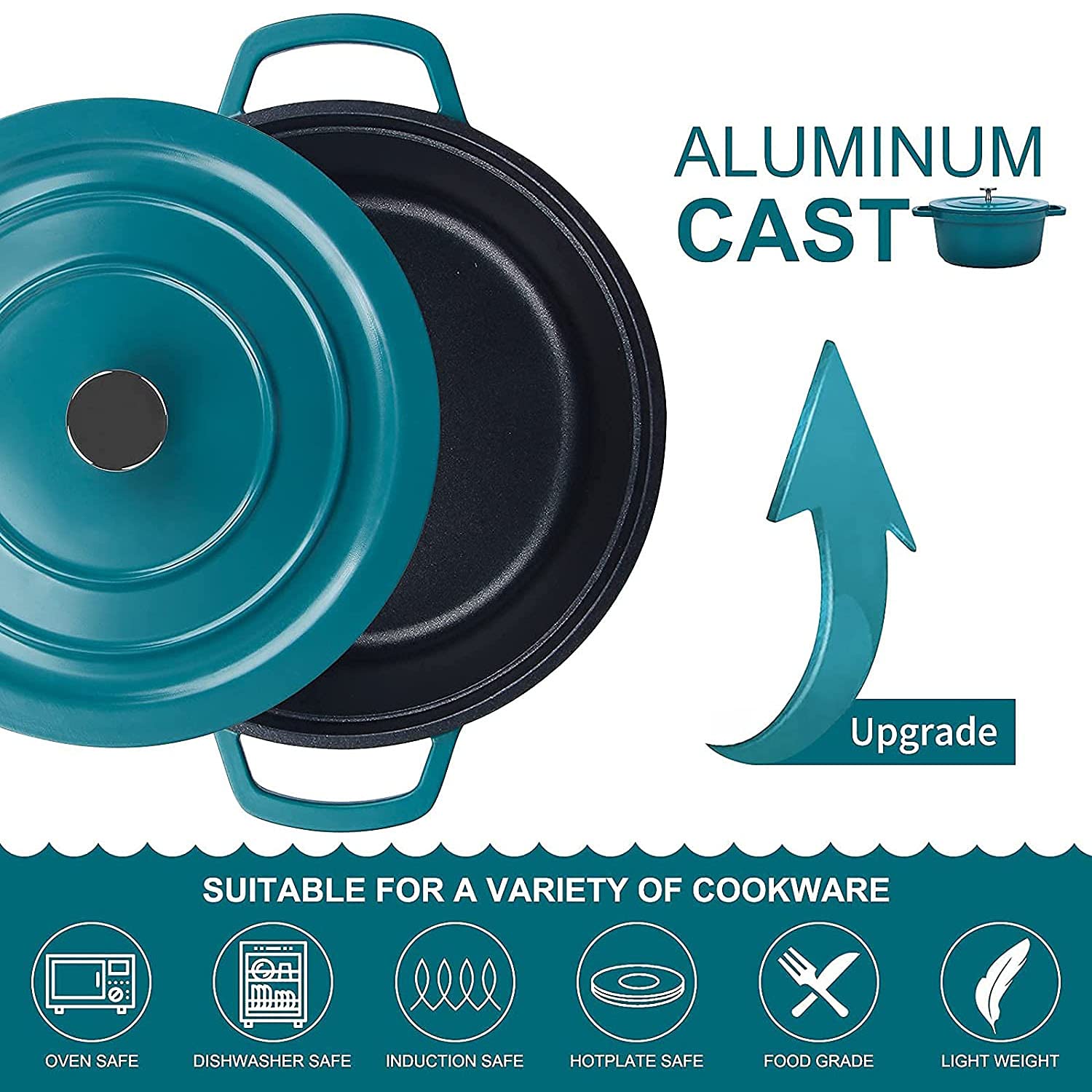 swiflon Dutch Oven Pot with Lid 6.8-QT Cast Aluminum Nonstick Casserole, Lightweight Cookware Braiser Pot Suitable for Meats, Soups, Bread Baking in Oven, Turquoise