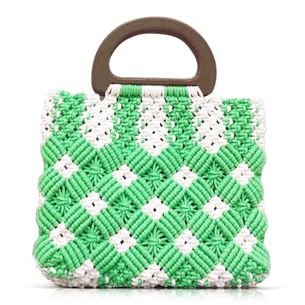 QTKJ Hand-Woven Boho Color Matching Women's Summer Beach Tote Bag Crochet Clutch Bag Woven Envelope Bag with Wooden Handle (Green&White)
