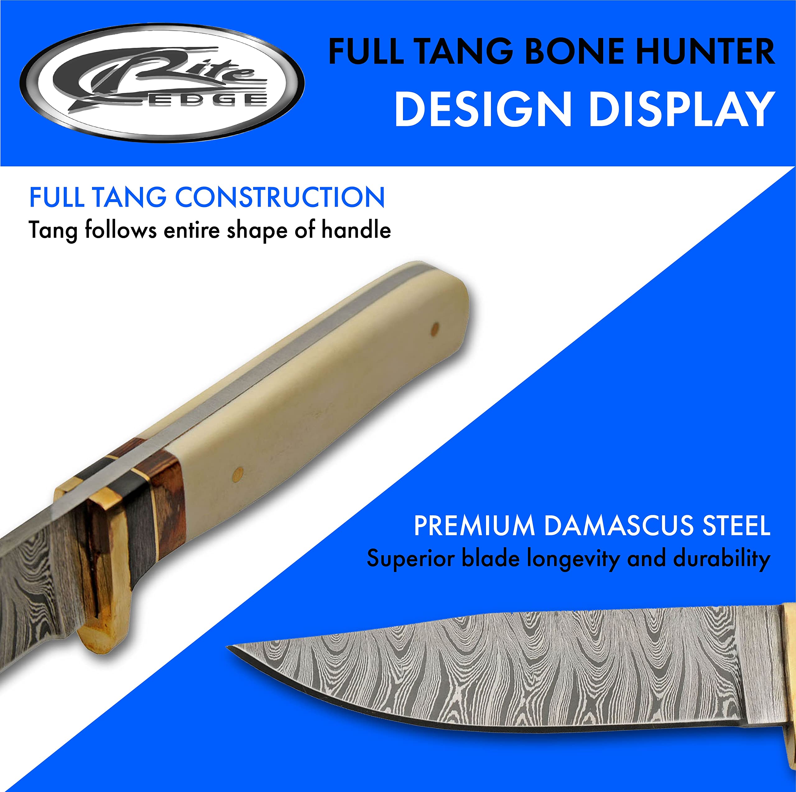 SZCO Supplies 9β Bone Handle Full tang Damascus Steel Outdoor Hunting Knife With Sheath,White