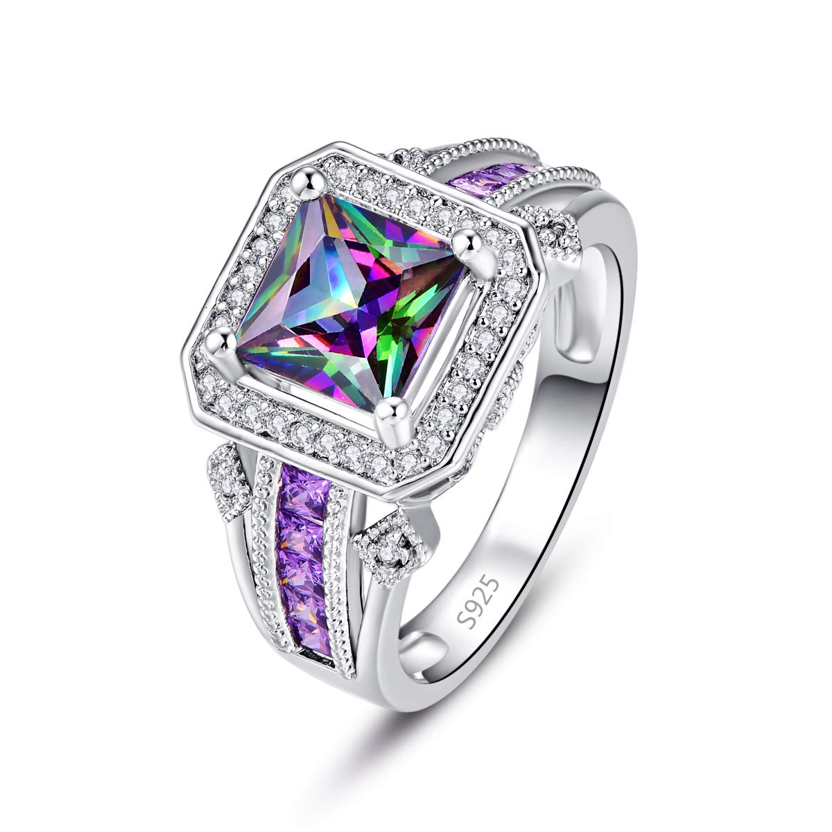 Momius 925 Silver Created-Rainbow Topaz Princess Cut CZ Halo Triple Row Wedding Band Engagement Ring for Women Size 6¡