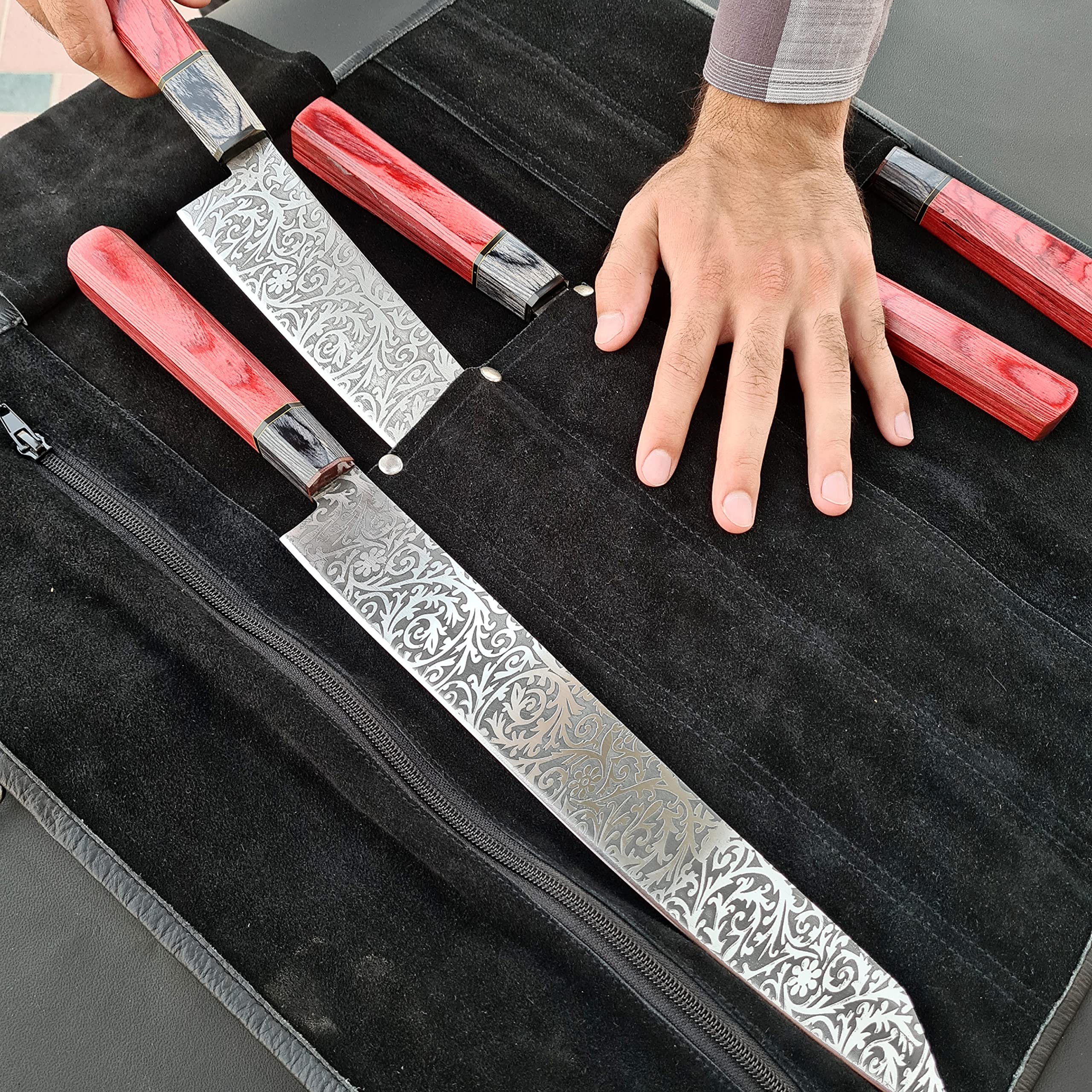 Vetus Japanese Knife Set | 12C27 High Stainless Steel Chef Knife Set | Professional Etched Kitchen Knives Set with Chef Bag/Knife Roll | Chef Knife Bag