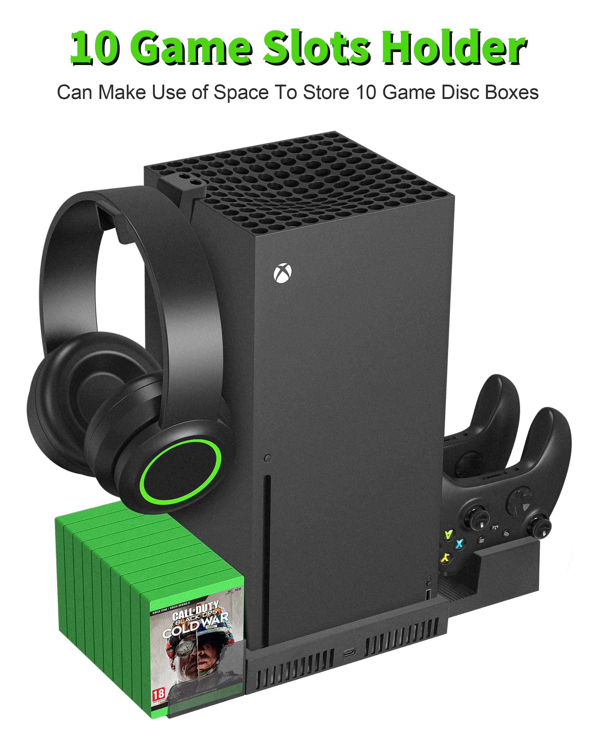 Wiilkac Vertical Stand for Xbox Series X Console with 10Games Slots Holder&Headphone Hook, Dual Controller Charging Station Dock with 2 Rechargeable Battery Packs for Xbox Series X/S, Xbox One X/S