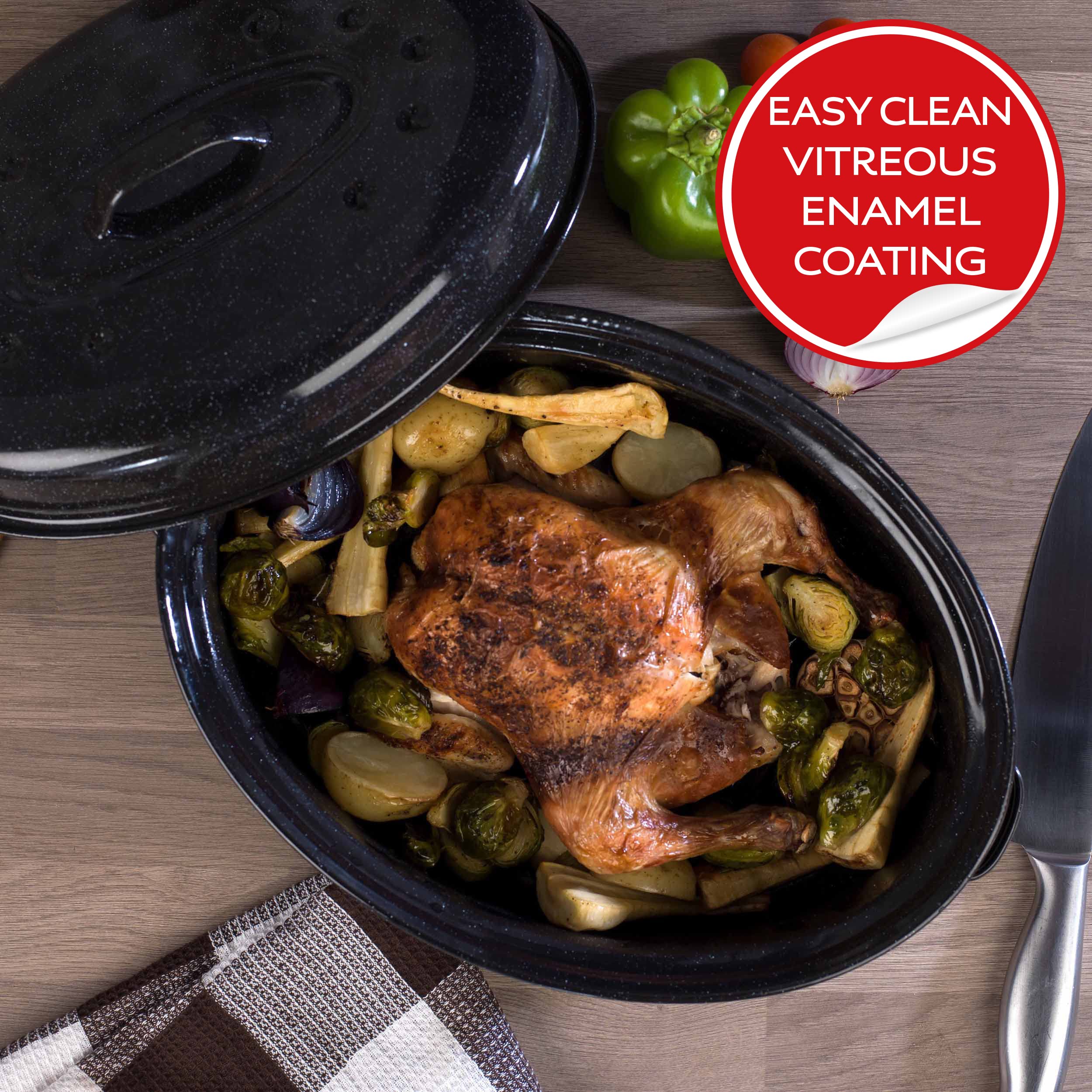 Russell Hobbs® CW11491 Vitreous Enamel Romano Self Basting Roaster with Lid | Dishwasher Safe | Oven Safe | Long Lasting | 36 cm | Black