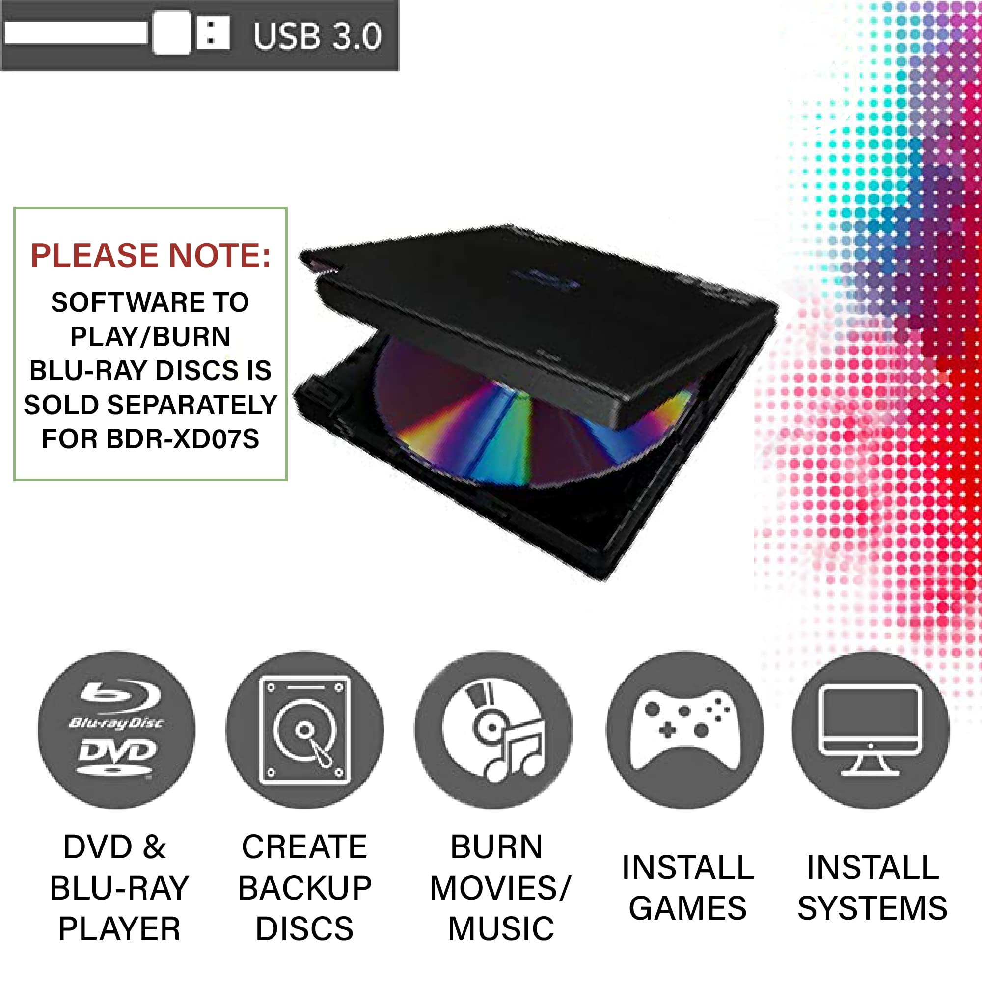 Pioneer BDR-XD07B - 6x Slim Portable USB 3.0 BD/DVD/CD Burner - Supports BDXL & M-Disc Format - USB Bus Powered, Cyberlink Software Included