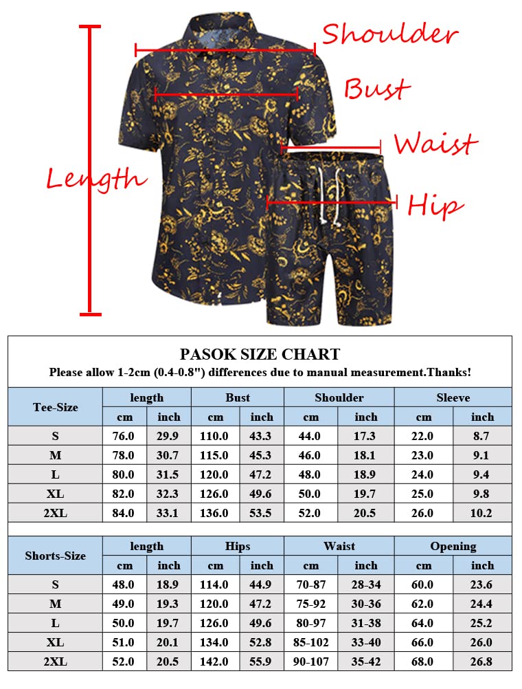 PASOK Men's Floral 2 Piece Tracksuit Casual Button Down Short Sleeve Hawaiian Shirt and Shorts Suit (2XL, DC10)