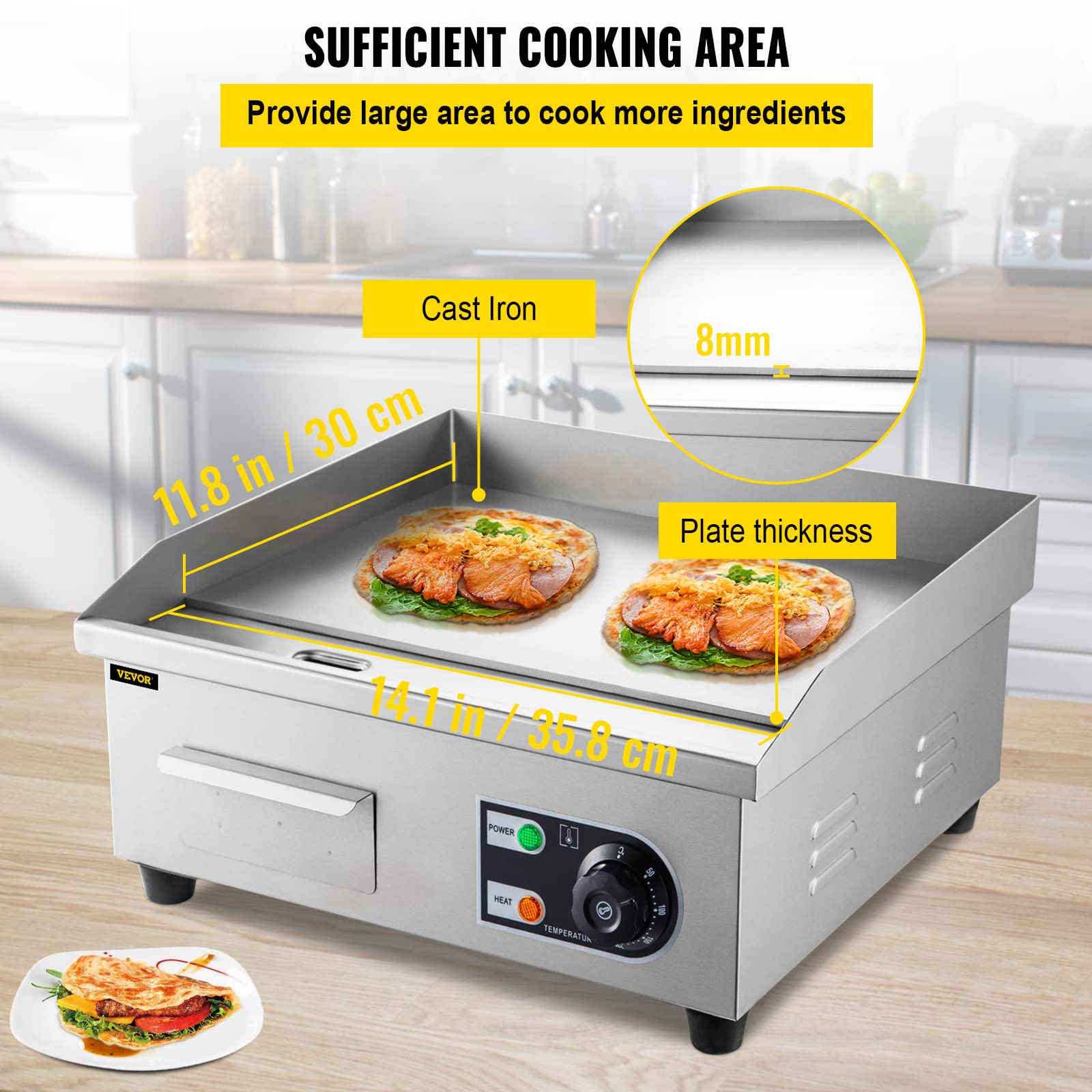 VEVOR 14" Electric Countertop Flat Top Griddle 110V 1500W Non-Stick Commercial Electric Griddles Restaurant Teppanyaki Grill Stainless Steel Adjustable Temperature Control 122°F-572°F, Sliver