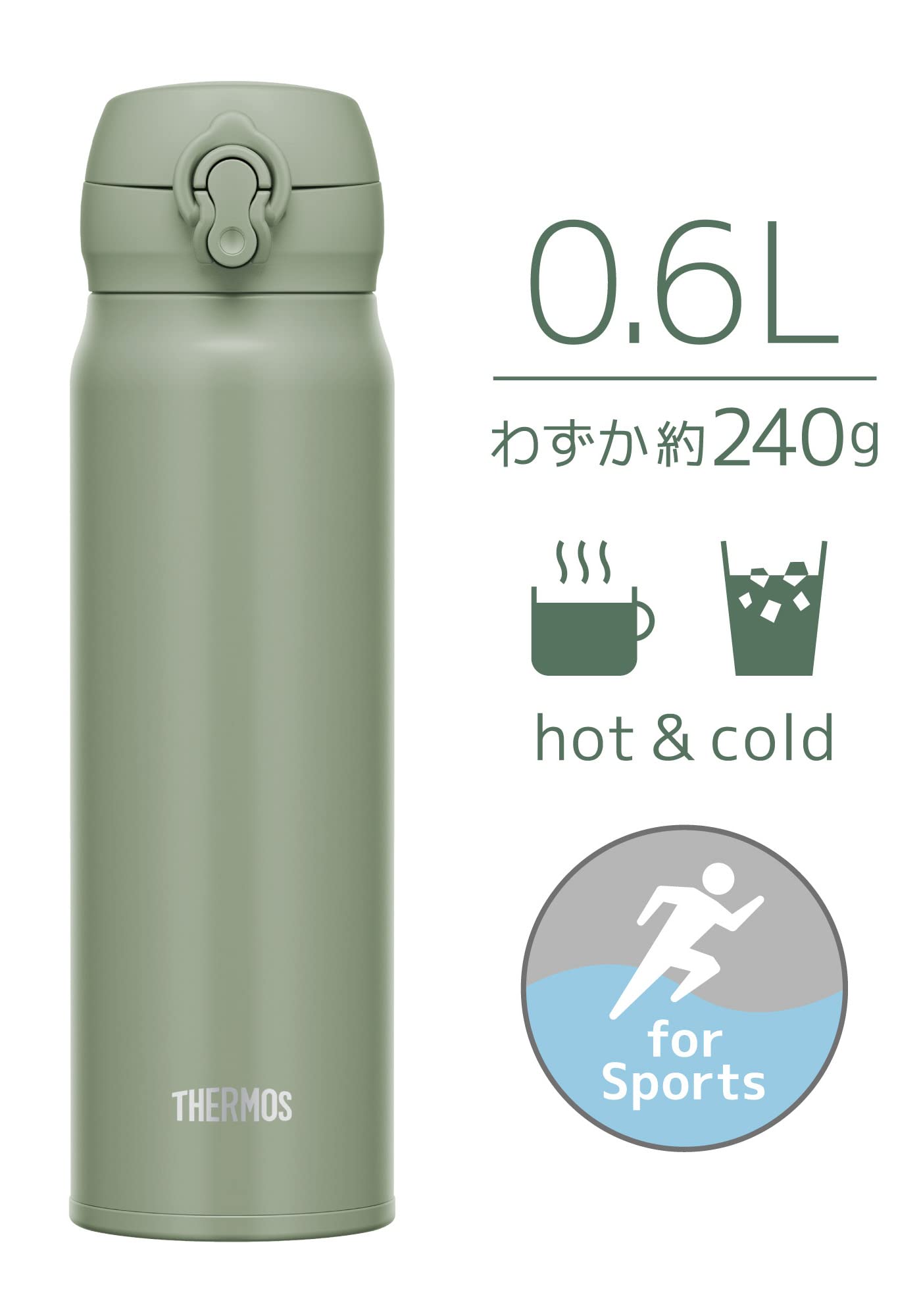 Thermos JNL-606 SMKKI Water Bottle, Vacuum Insulated Travel Mug, 20.3 fl oz (600 ml), Smoke Khaki