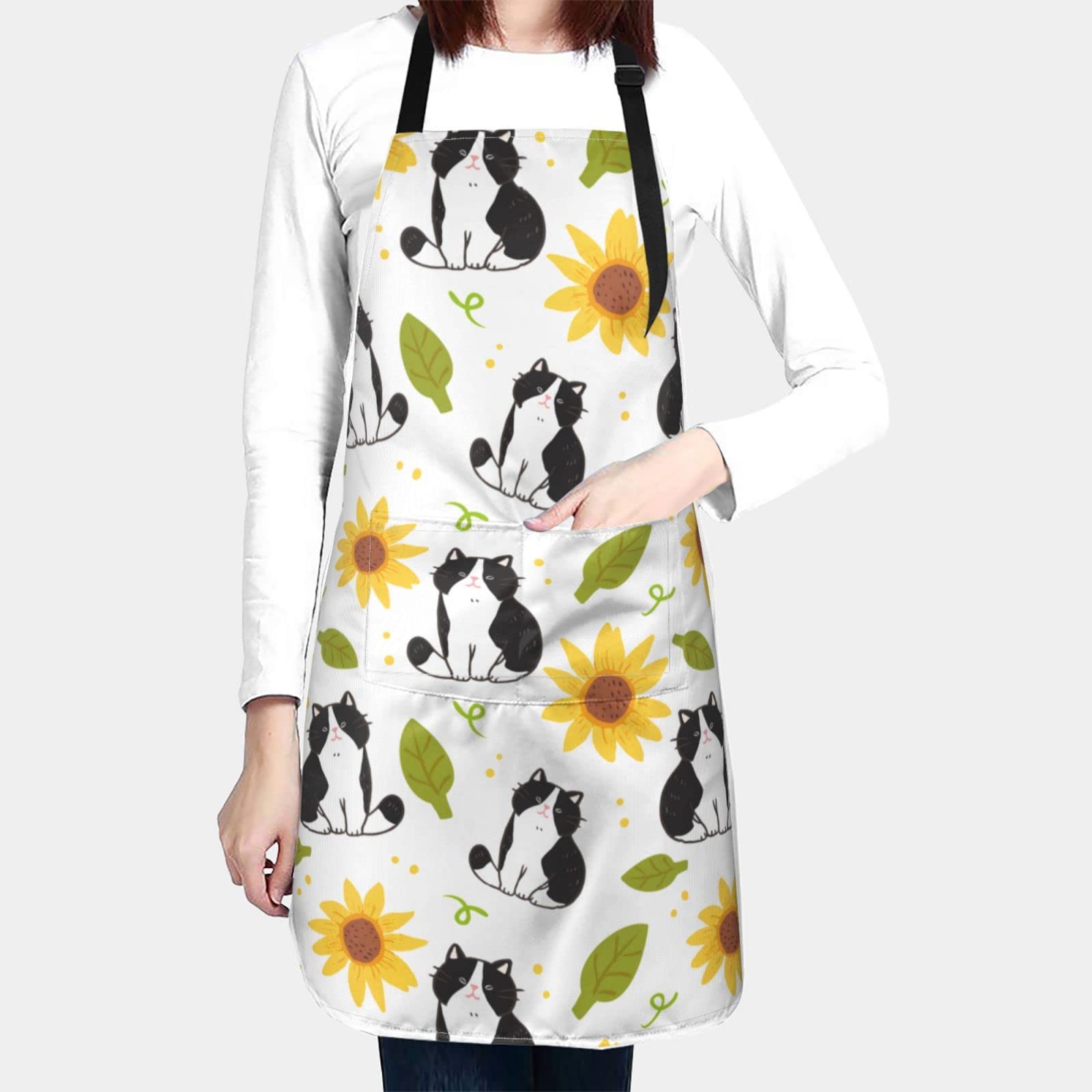 Wisedeal Cat and Sunflower Adjustable Bib Neck Apron Polyester with 2 Pockets Cooking Kitchen Aprons for Men and Women Chef, Mom Aunt Apron for Christmas Birthday Gifts for Grilling BBQ Chef Apron