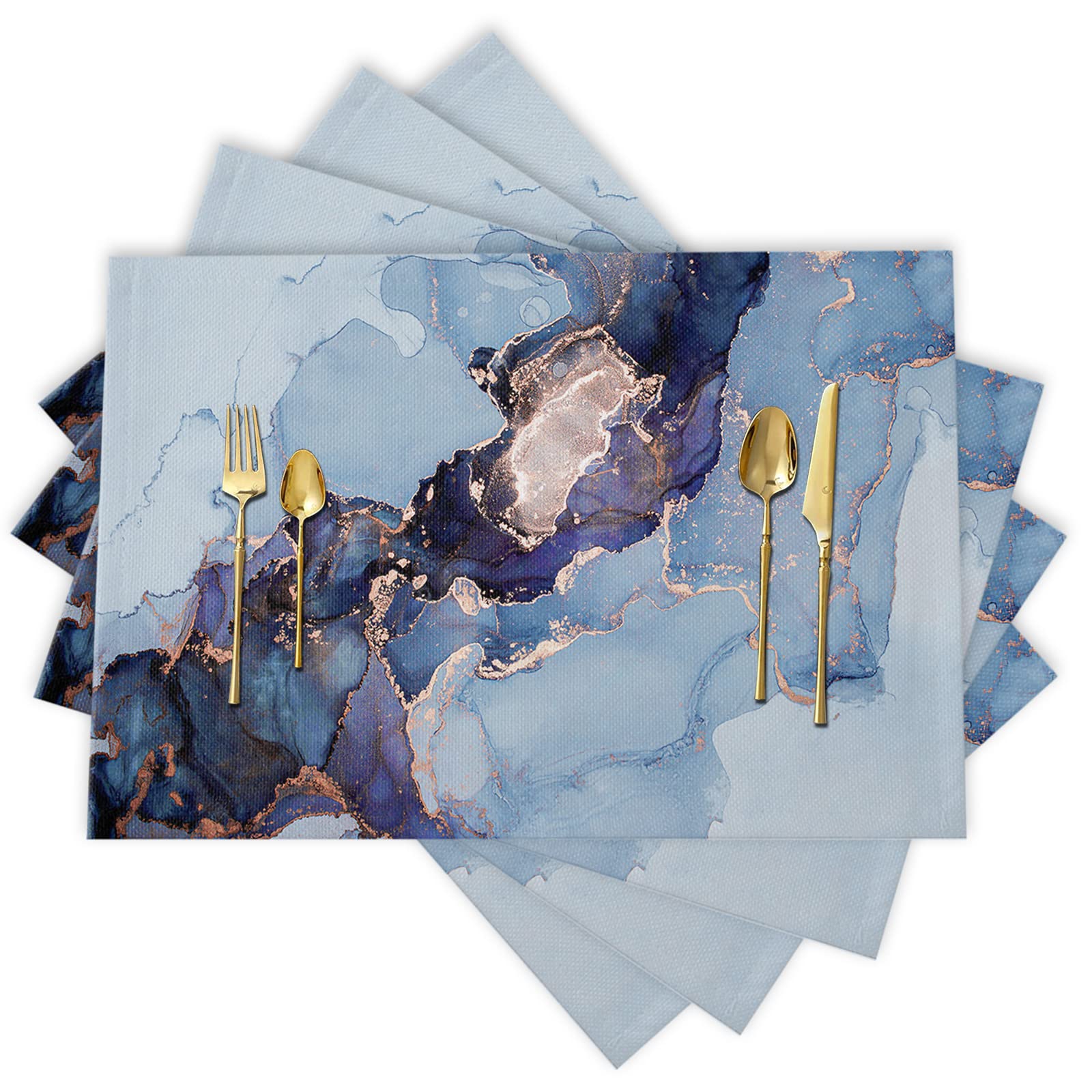 Place Mats Set of 4 - Washable Cloth Placemats Abstract Blue Purple Marble Textured Heat-Resistant Placemats for Dining Table 19 x 13 Inch