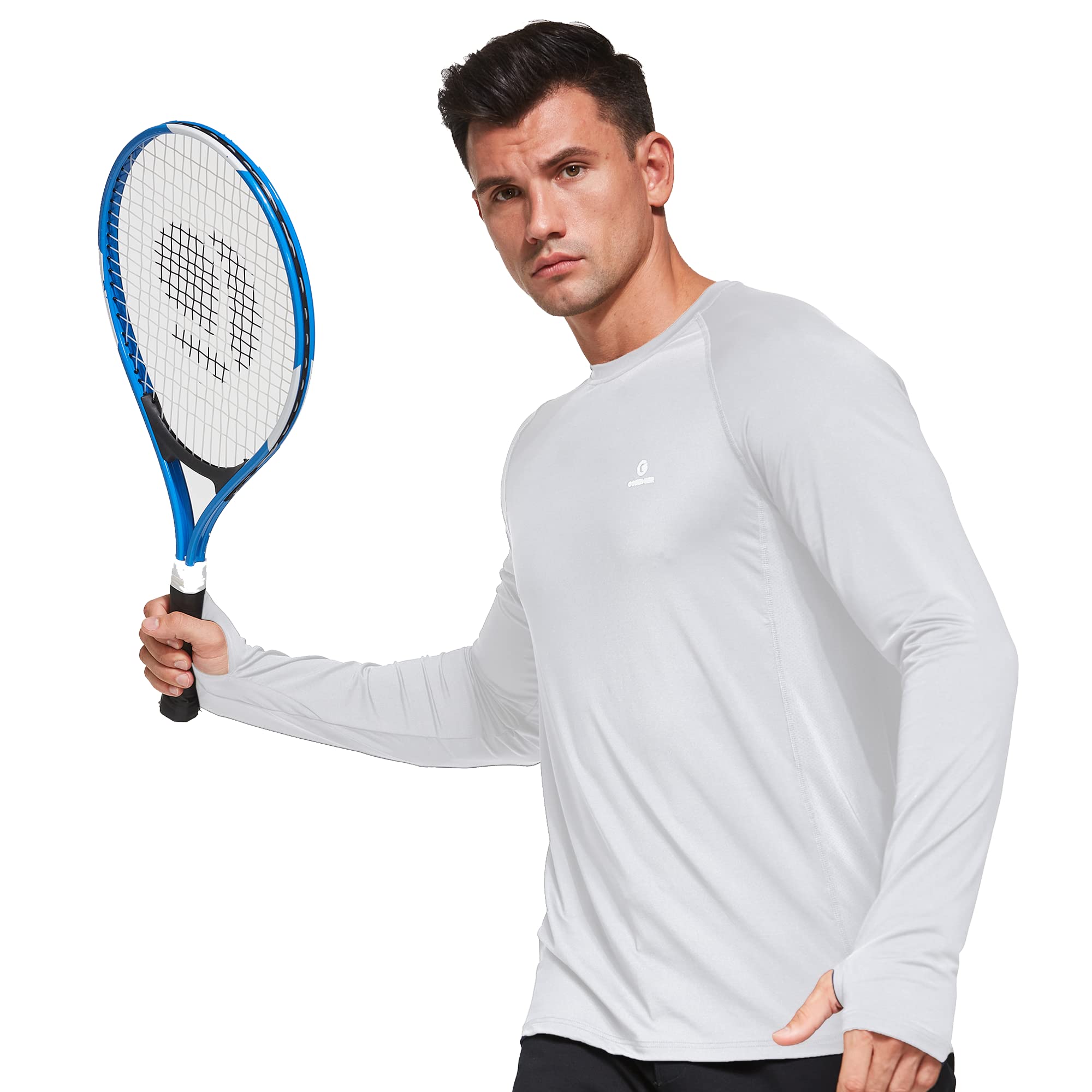 OGEENIER Men's Dry Fit Long Sleeve Workout Athletic T-Shirts Mesh Moisture Wicking Running Shirts with Thumb Holes,White,XL