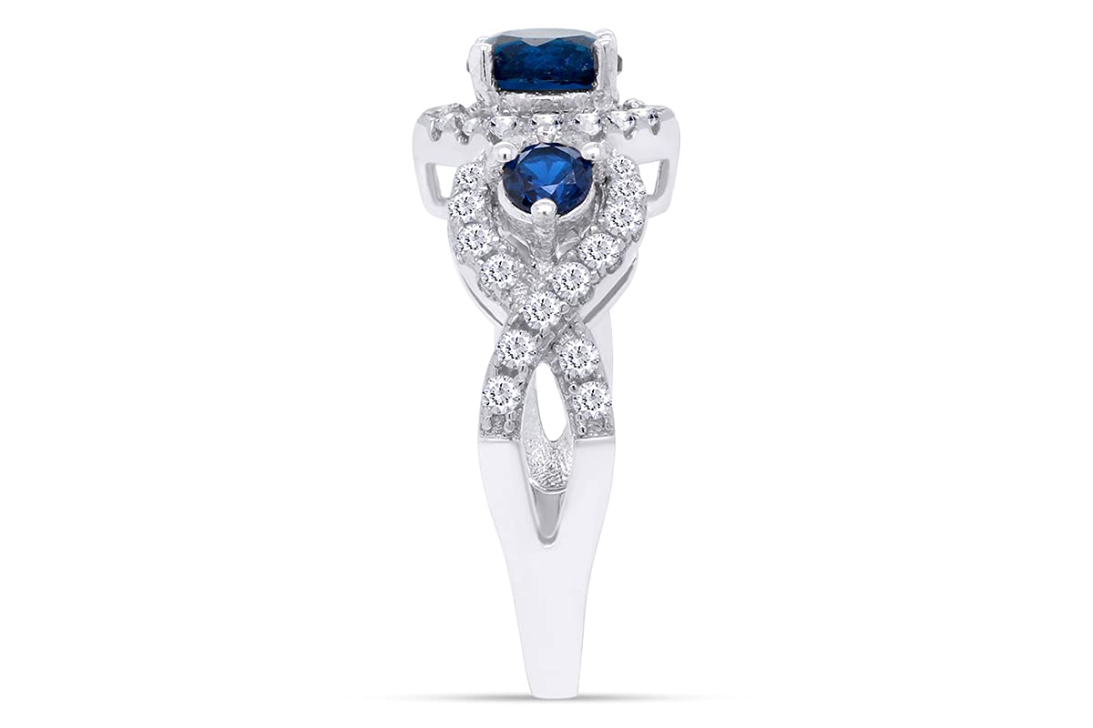 SAVEARTH DIAMONDS Infinity Style, Center 5MM Round Cut Simulated Blue Sapphire And Cubic Zirconia Three Stone Cluster Engagement Ring In 14k White Gold Over Sterling Silver For Women Size-10