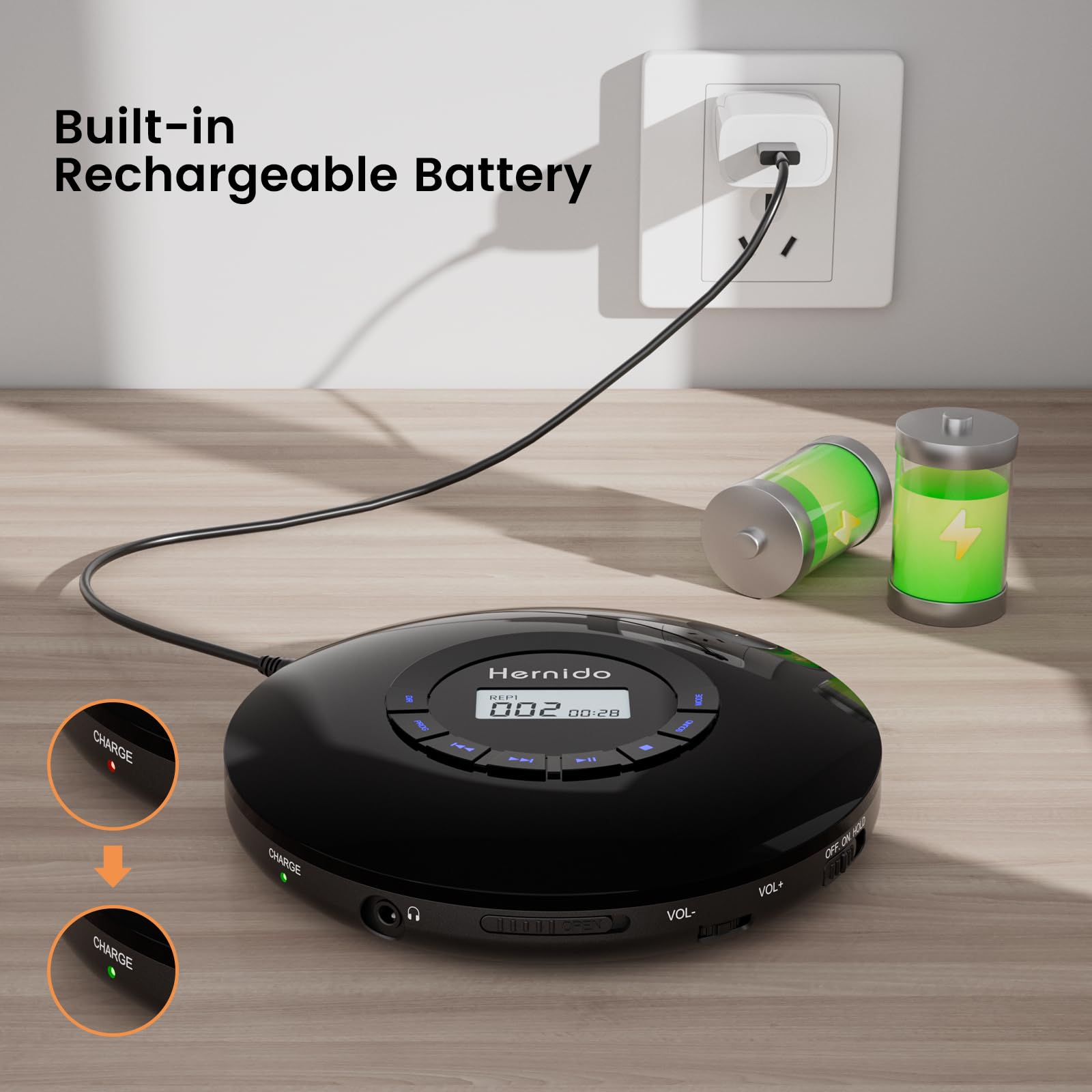Portable CD Player with Headphone, Hernido Rechargeable CD Player for car, Compact CD Walkman with 5 EQ Sounds, AUX Output, Anti-Skip, CD Player for Home & Travel Discman Kpop Player