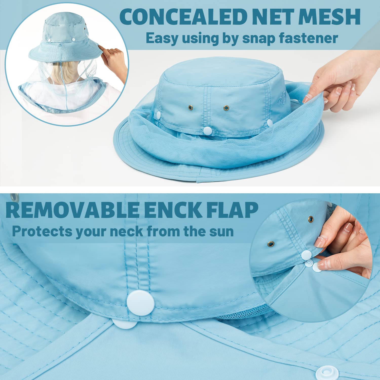 Palmyth Head Net Hat, Sun Hat Safari Hat Bucket Hat with Hidden Mesh Net Grey