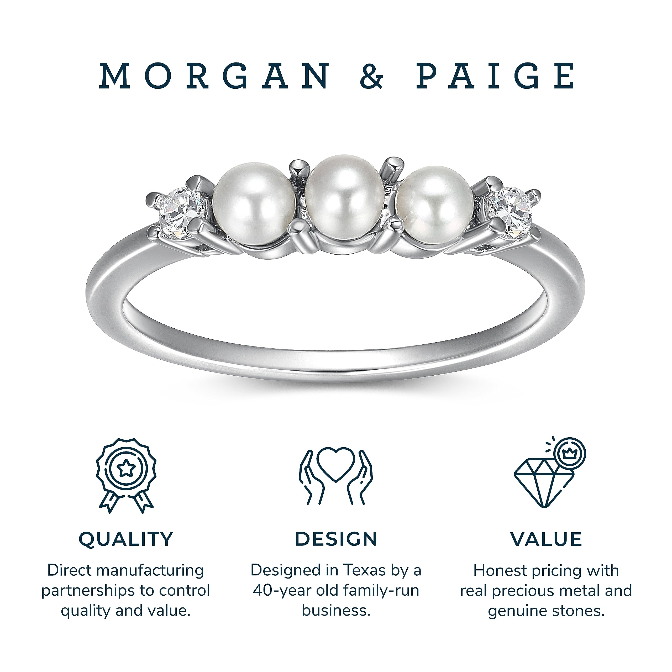 MORGAN & PAIGE Rhodium Plated Sterling Silver Freshwater Cultured Pearl and Cubic Zirconia Ring for Women, Size 7