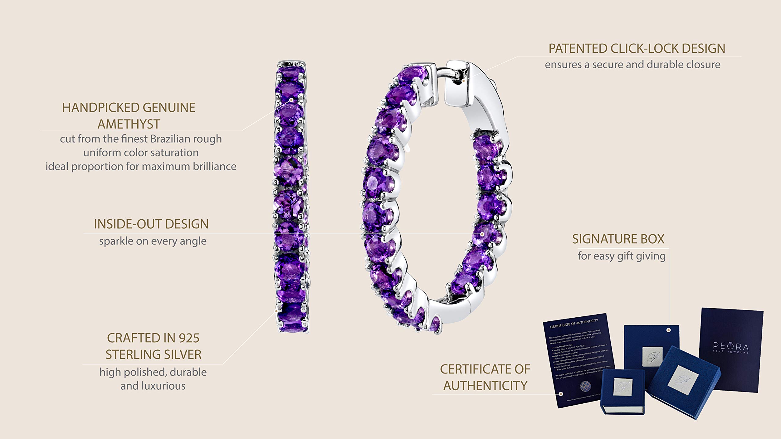 Peora Amethyst Hoop Earrings for Women in Sterling Silver, Inside-Out Design, Natural Gemstone Birthstone, 3.50 Carats total Round Shape, Click Lock