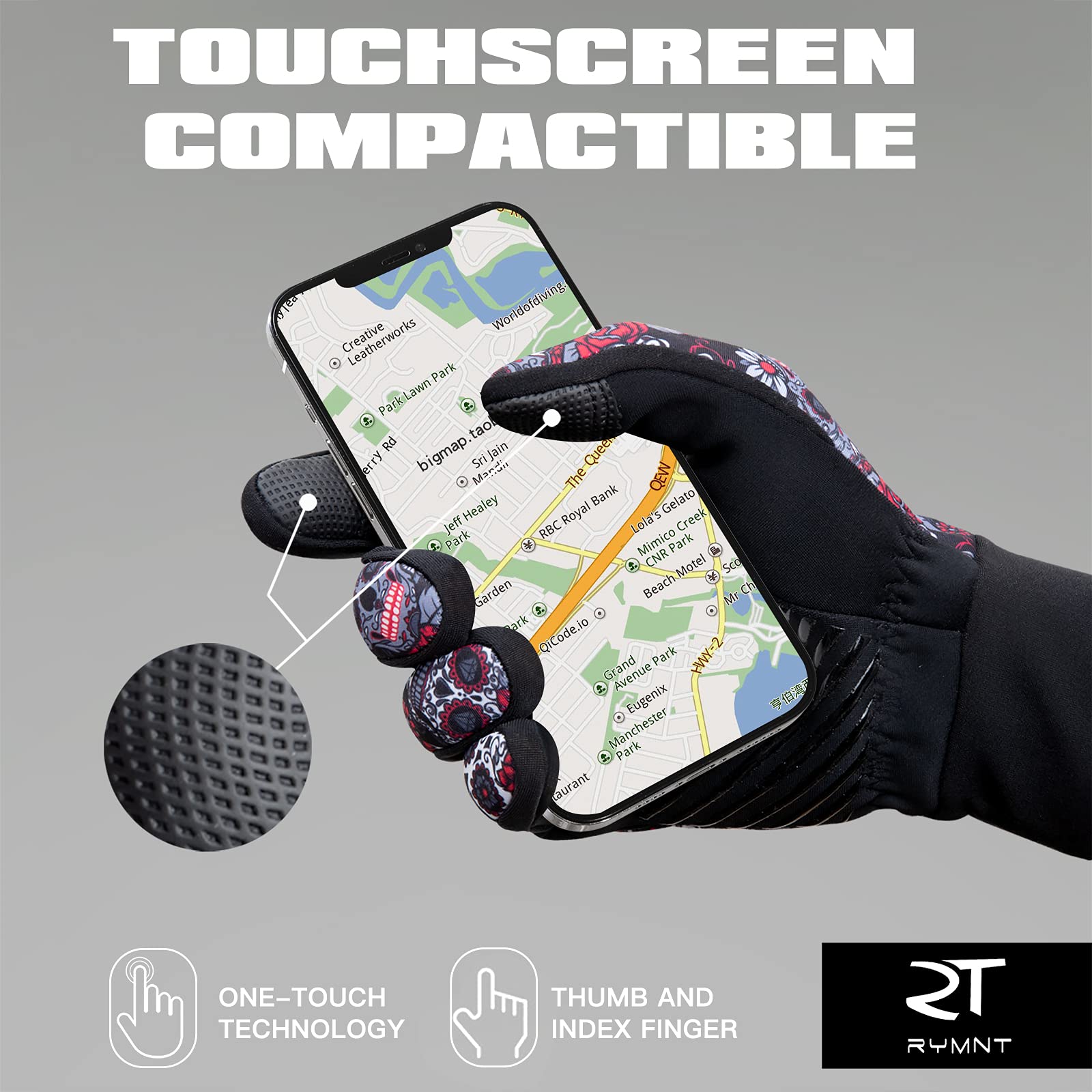 RYMNT Winter Gloves with Touch screen, Lightweight Texting Thermal Gloves with Anti-Slip, Water Resistant for Workout, Hiking, Running, Cycling, Driving, Outdoor Camping and Daily Working.Skull-Medium
