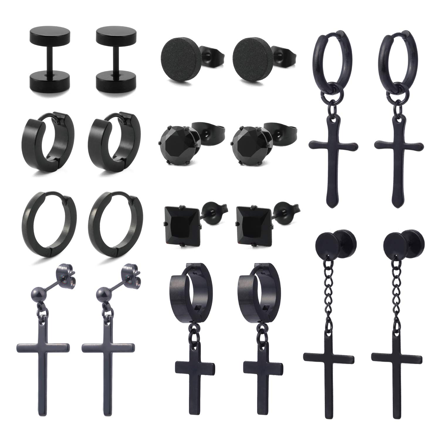 Szory 10 Pairs Stud Hoop Cross Earrings for Men Women Stainless Steel Cubic Zirconia Silver